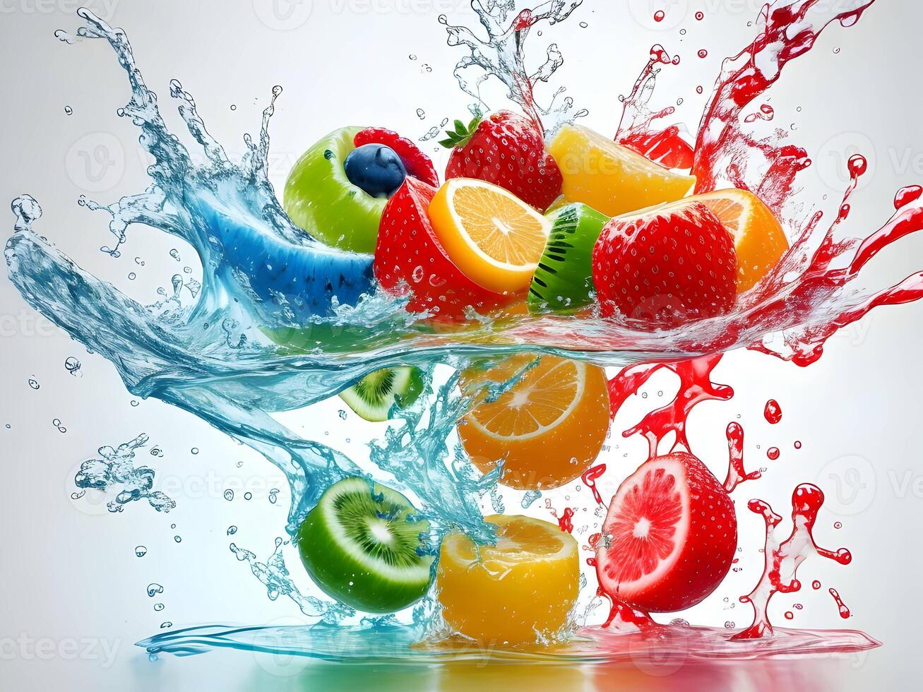 a fresh colorful tasty fruit splashing into cold water isolated on white background. . 26142475 ...