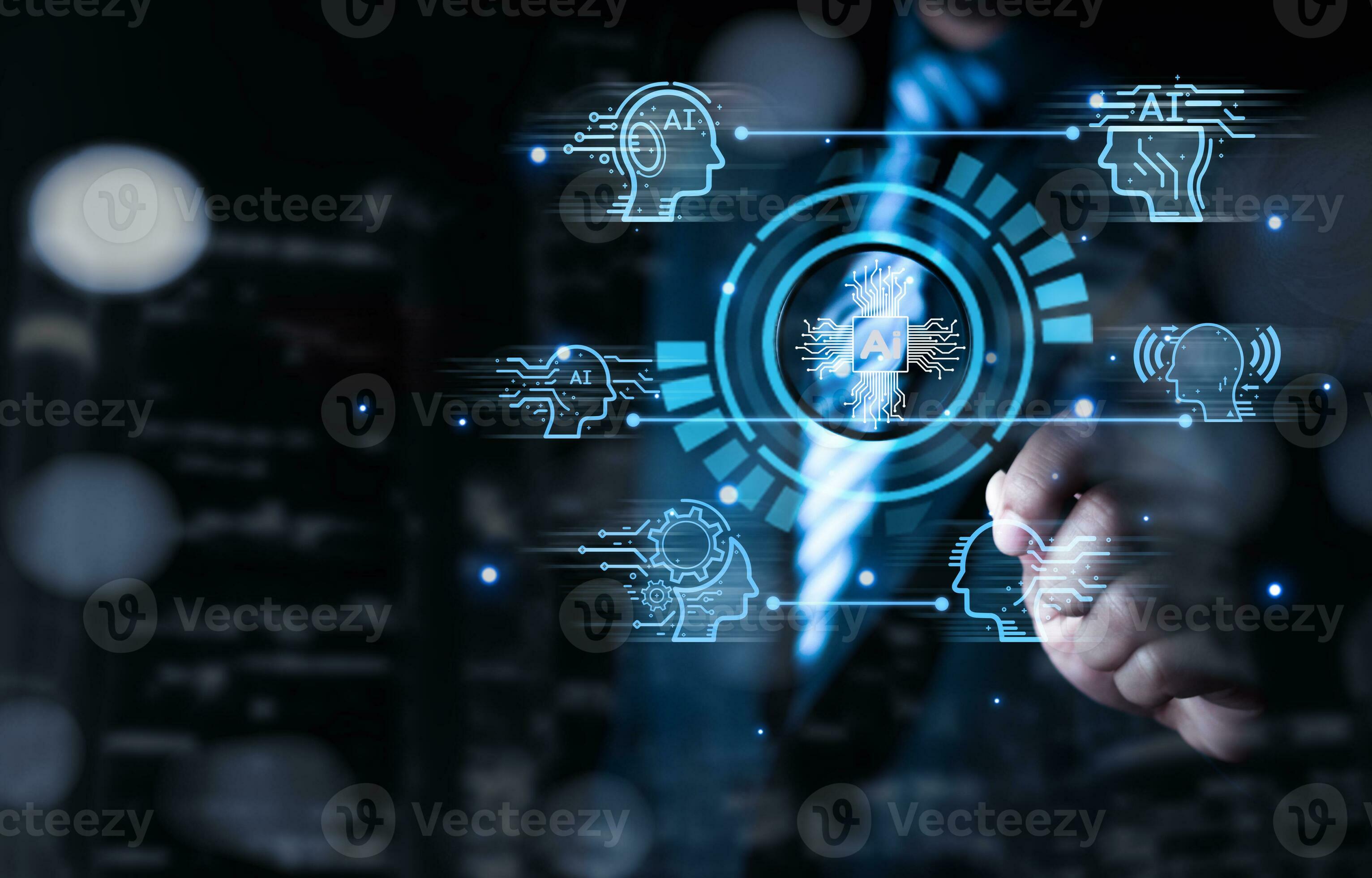 Businessman holding magnifying glass search of Artificial Intelligence AI in the futuristic ...