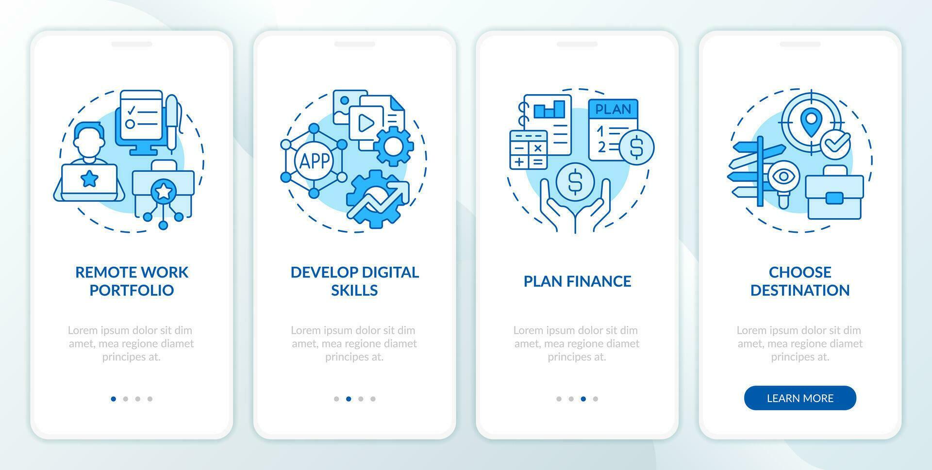 Digital nomad guide blue onboarding mobile app screen. Work and travel ...