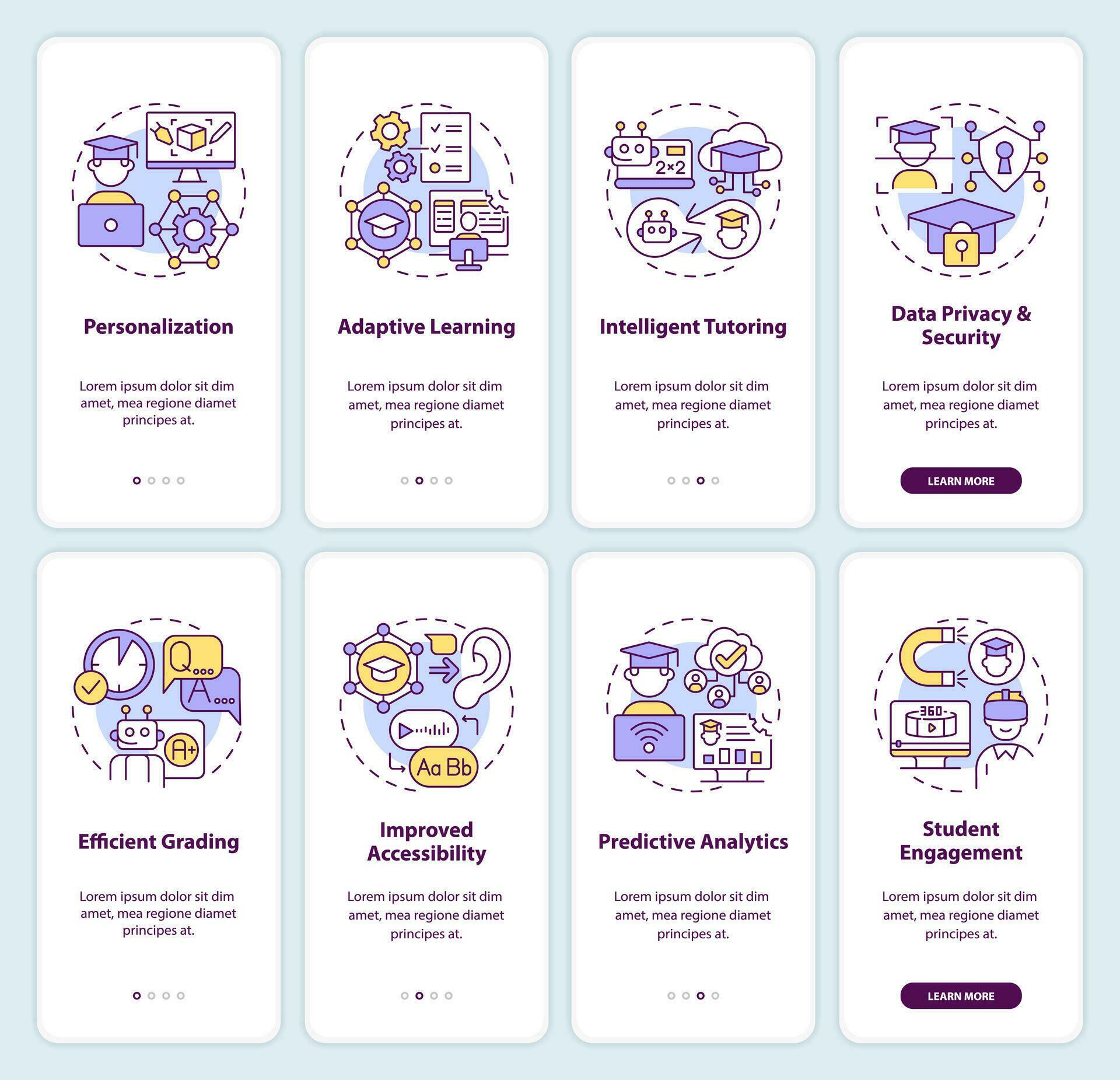 2D multicolor icons representing AI in education, graphic instructions ...