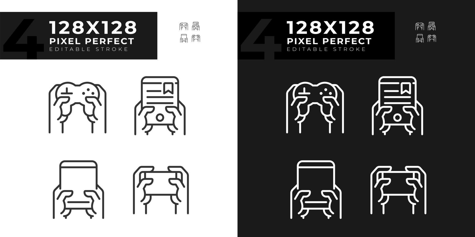 Hands with amusing gadgets pixel perfect linear icons set for dark, light mode. Digital devices ...