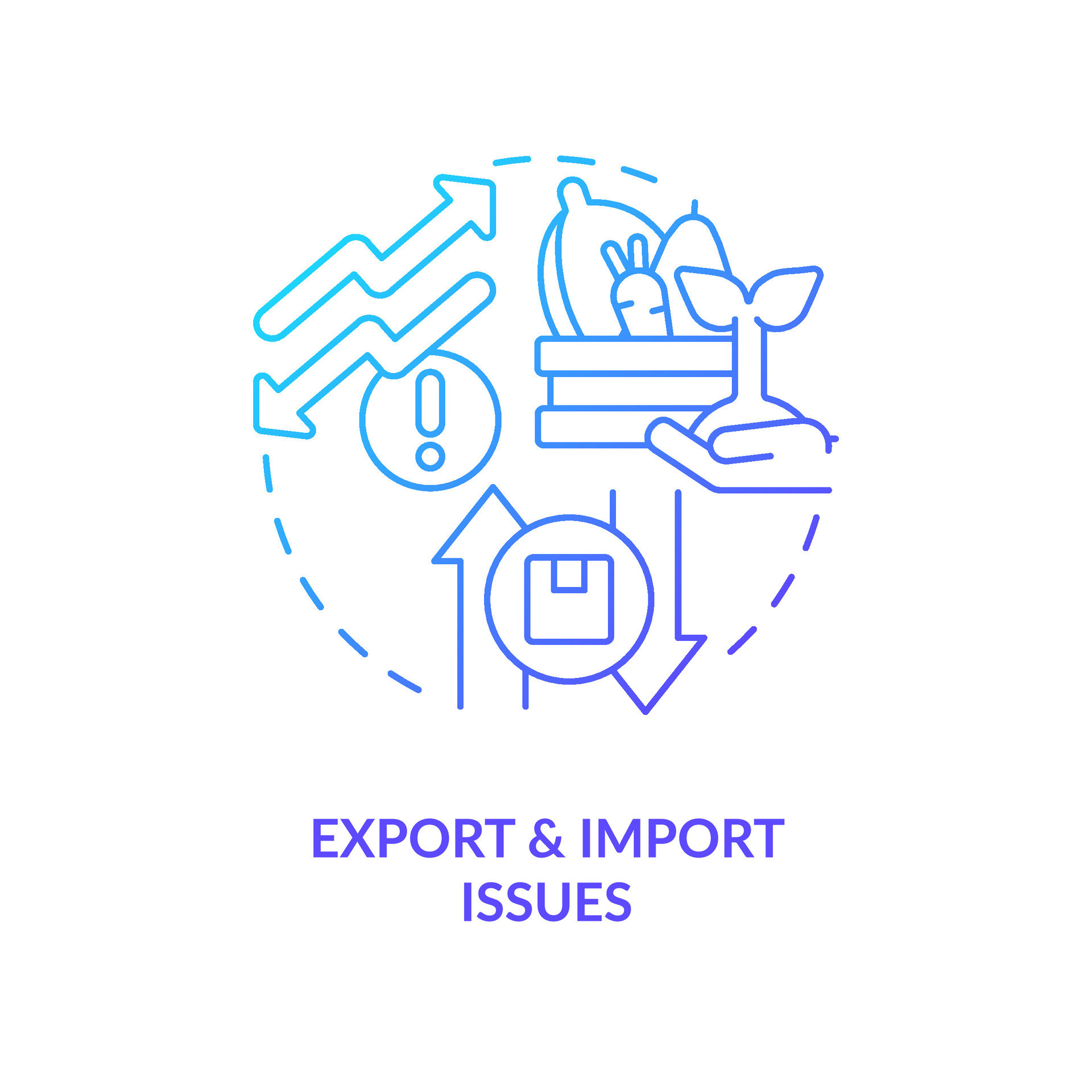 Agro export and import issues blue gradient concept icon. International trade problem. Food ...