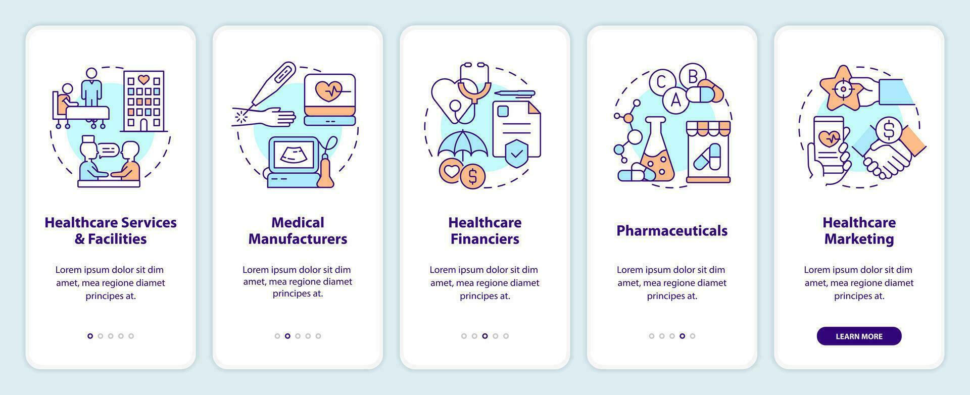 Healthcare Industry Key Segments Onboarding Mobile App Screen Walkthrough 5 Steps Editable