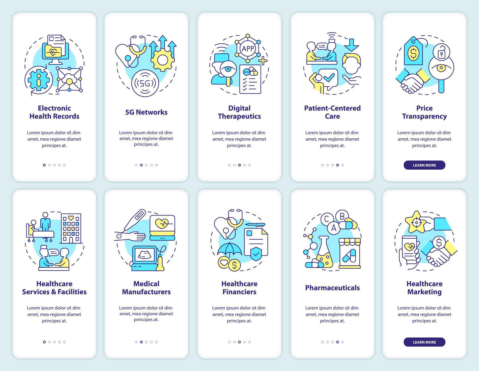 Healthcare Trends Onboarding Mobile App Screen Set Key Segments Walkthrough 5 Steps Editable