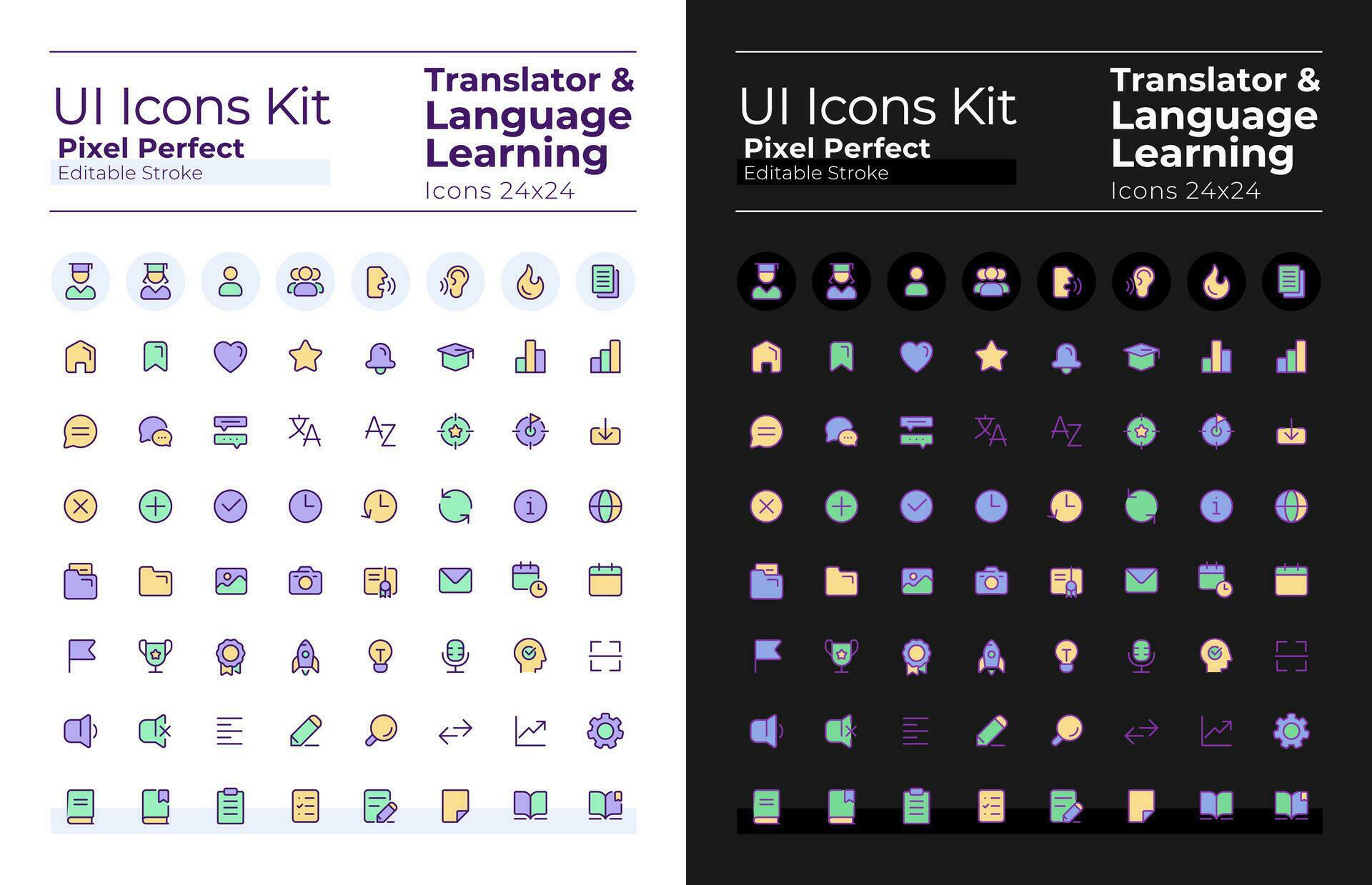 Translator pixel perfect RGB color ui icons set for dark, light mode. Language learning. GUI, UX ...