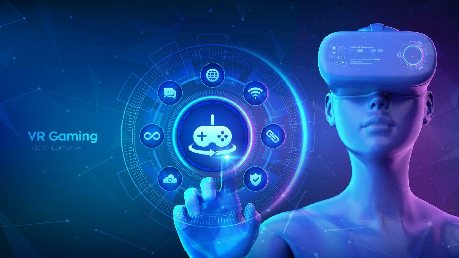 Virtual reality 3D gaming. VR and AR game technology futuristic concept. Girl wearing VR headset ...