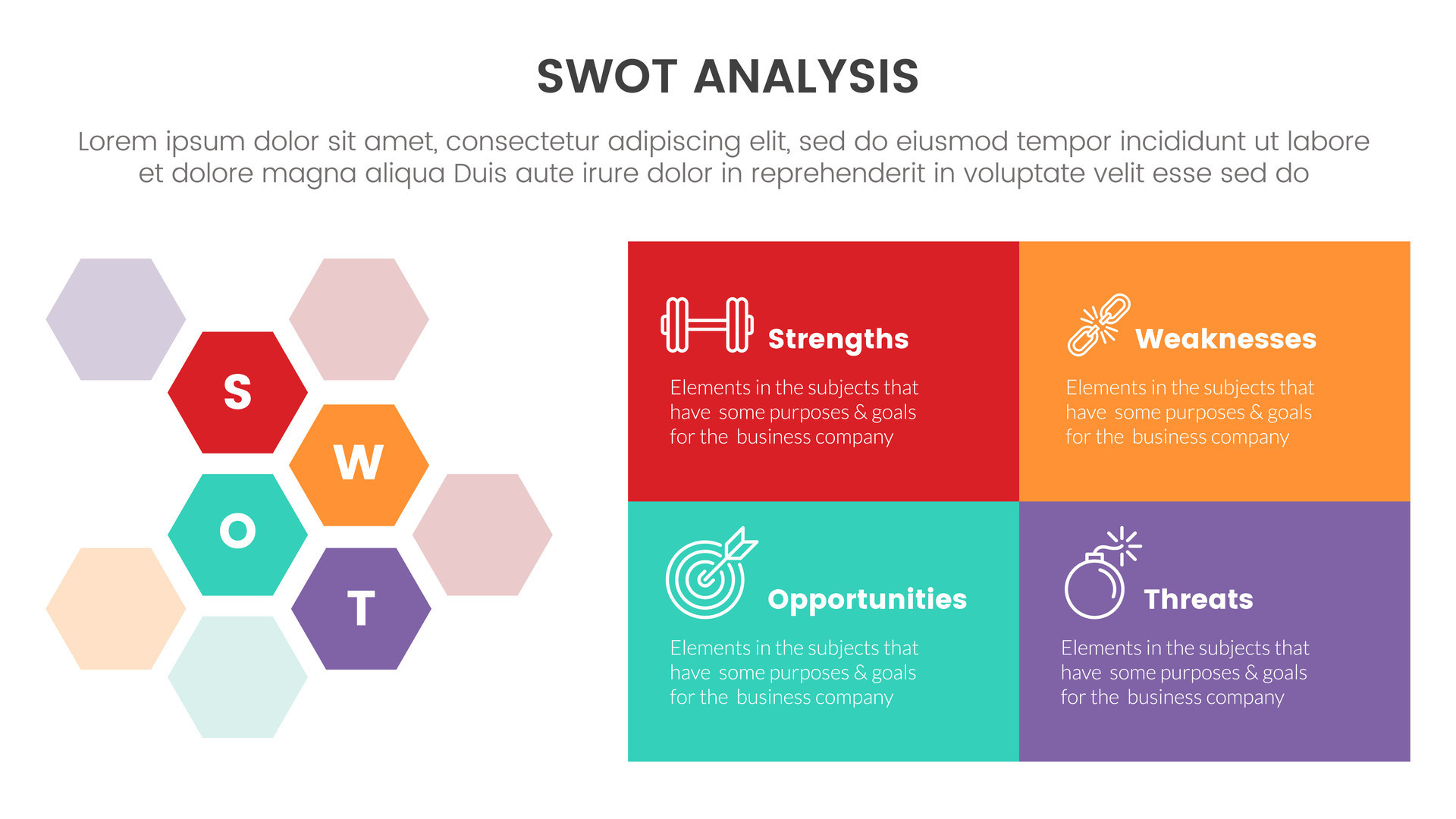 Swot Analysis Concept With For Infographic Template Banner With Honeycomb And Rectangle Box Four