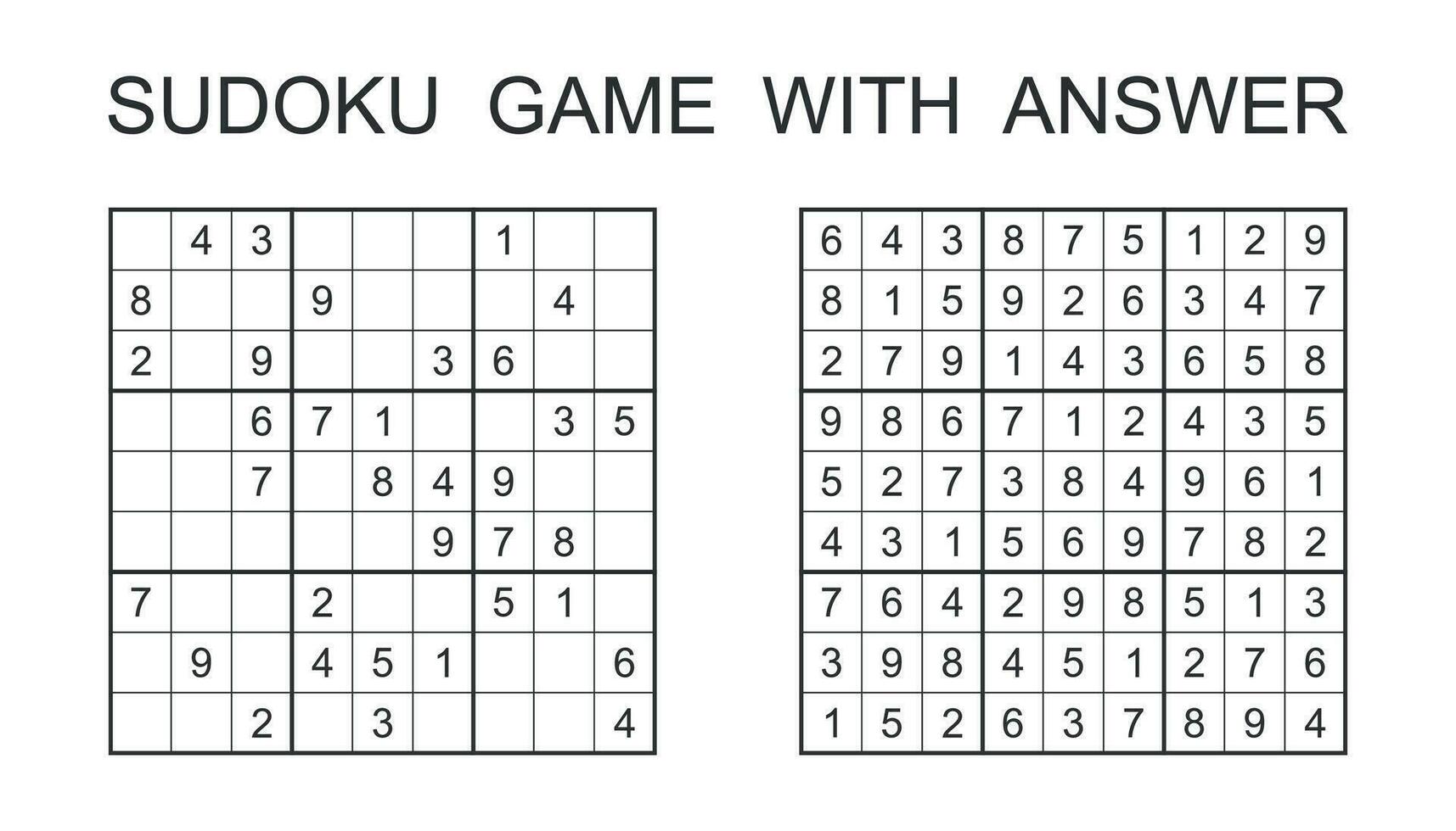 Sudoku game with answer. Vector puzzle game with numbers for kids and adults. Illustration on ...