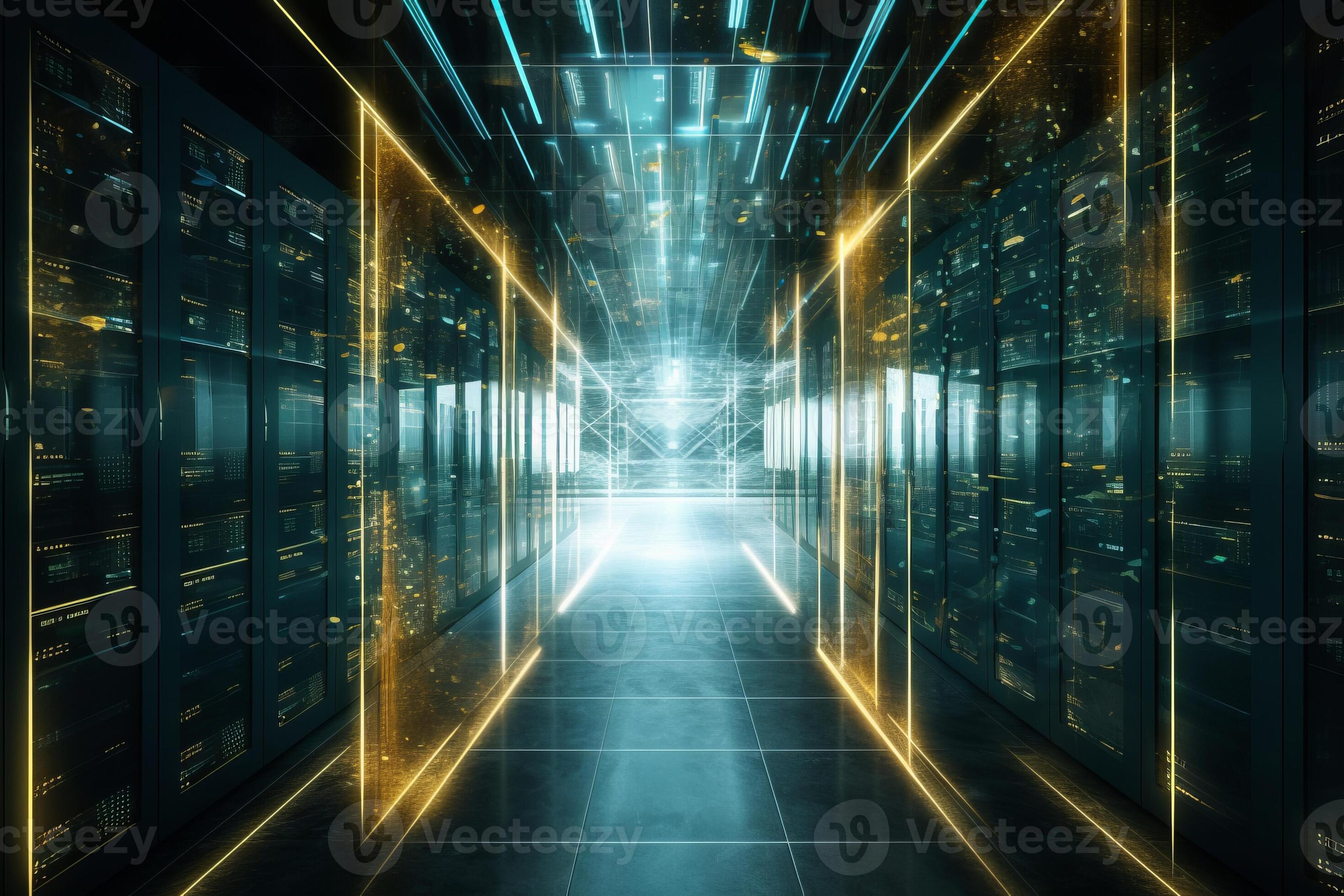 modern server room with blue lights and blue lines, super computer room ...