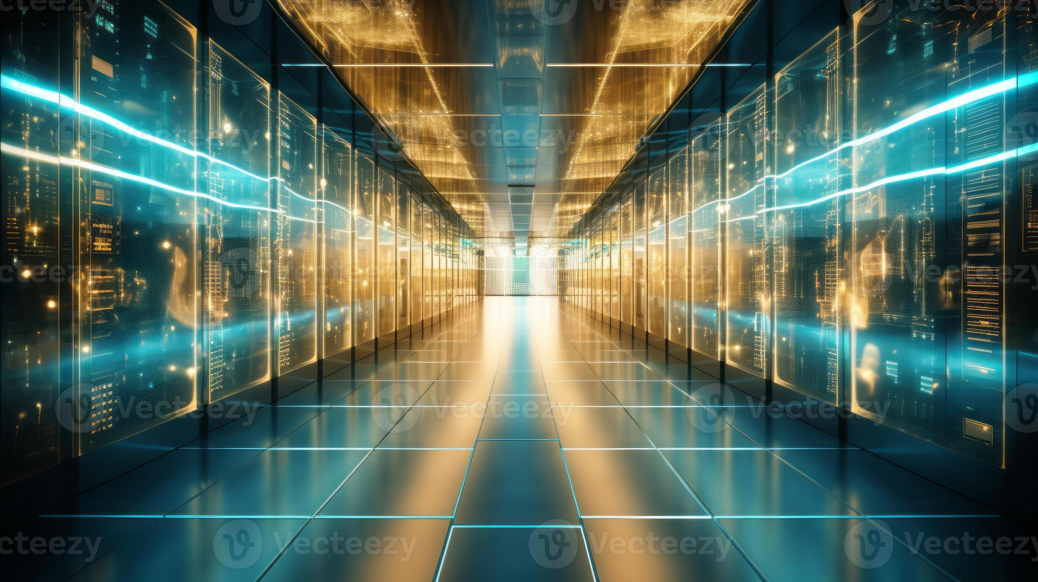 modern server room with blue lights and blue lines, super computer room ...