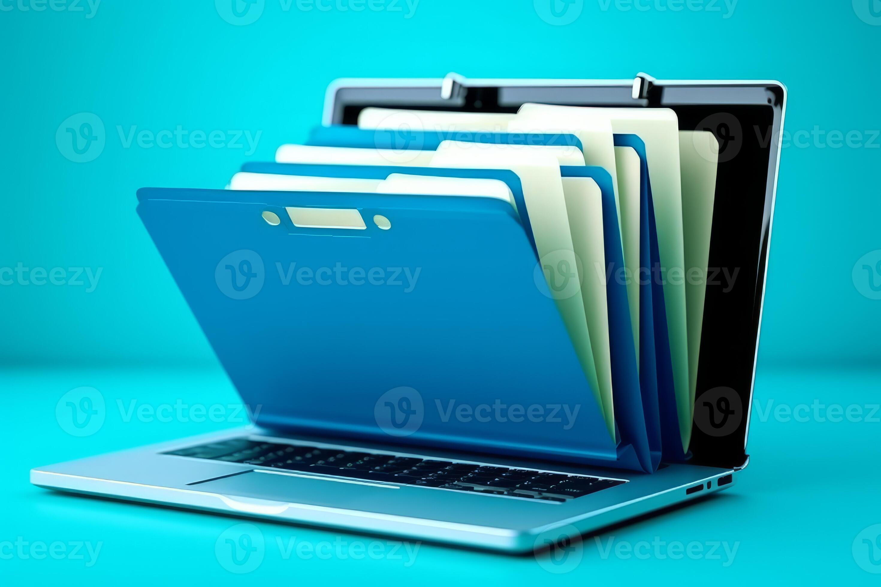 Laptop screen shows blue background with file folder, 26173396 Stock Photo at Vecteezy