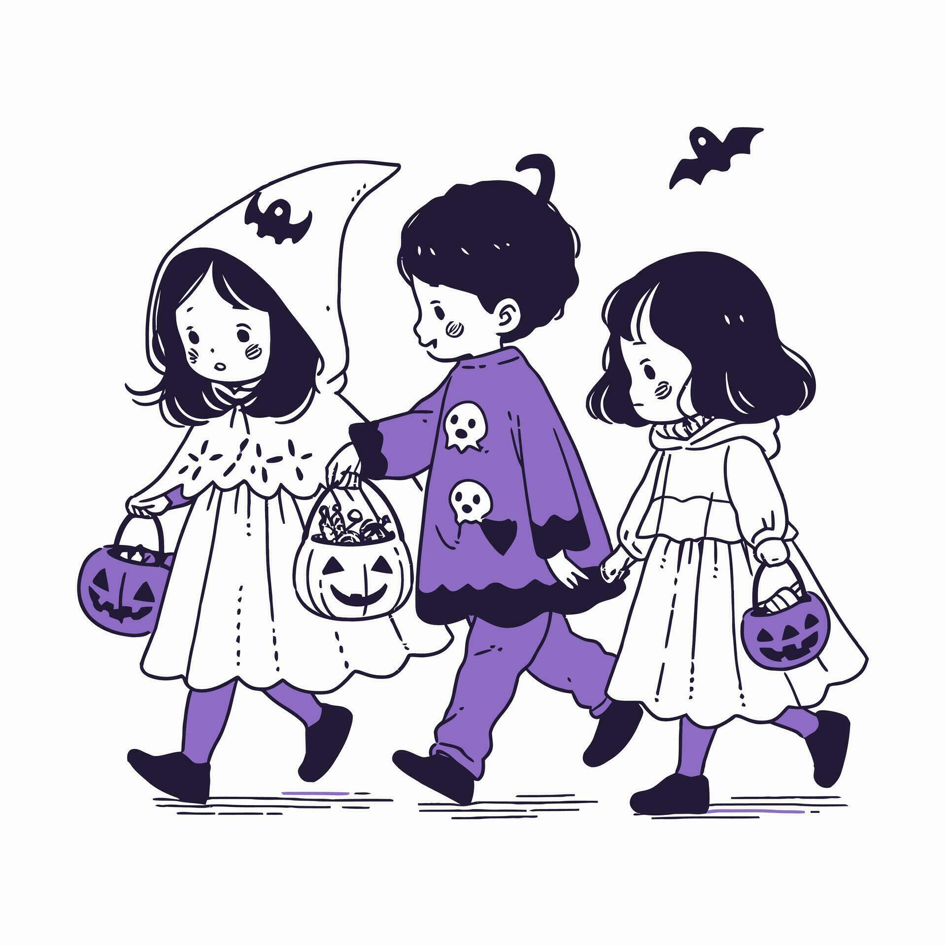 Children trick - or - treating in homemade costumes on a crisp ...