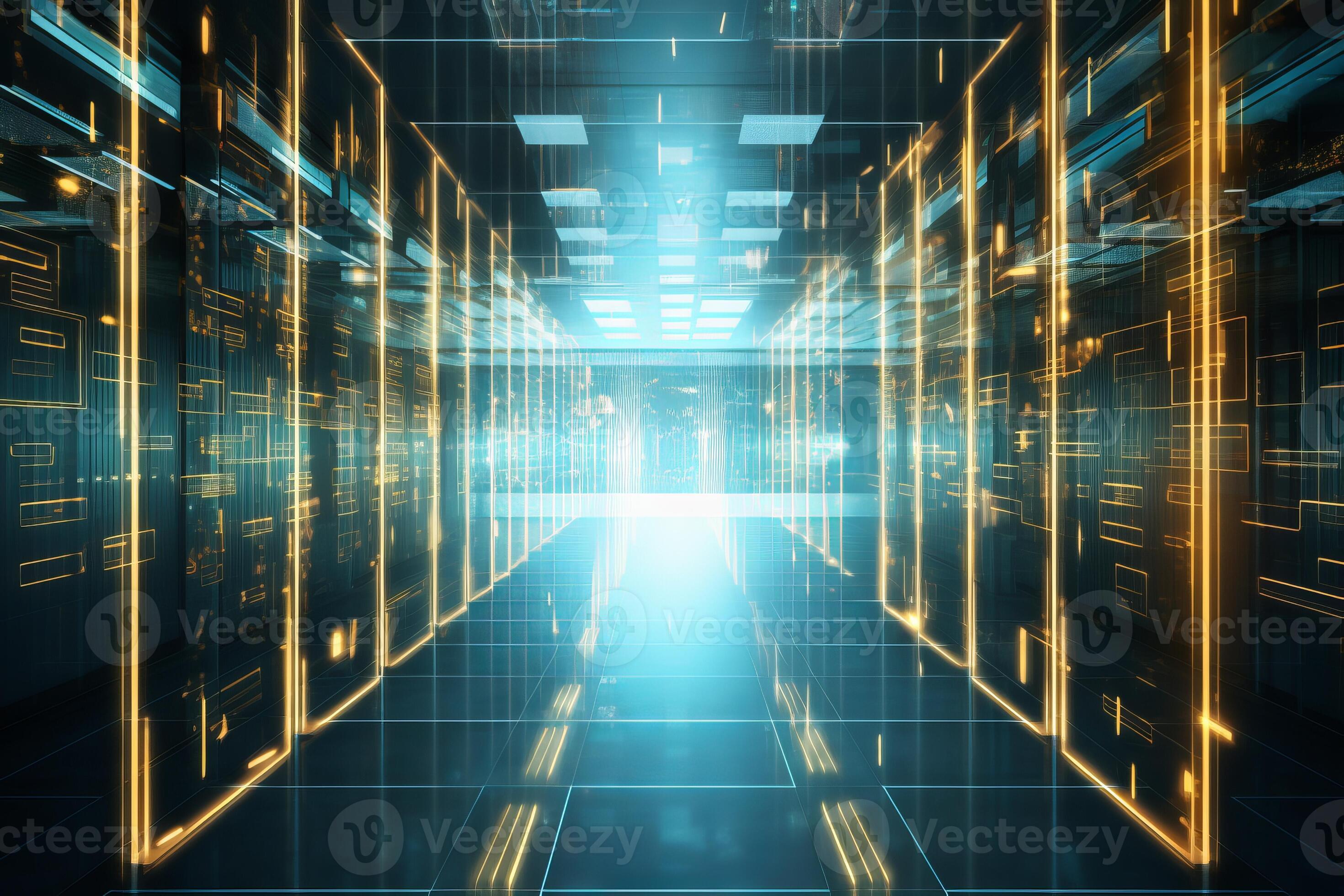 modern server room with blue lights and blue lines, super computer room ...