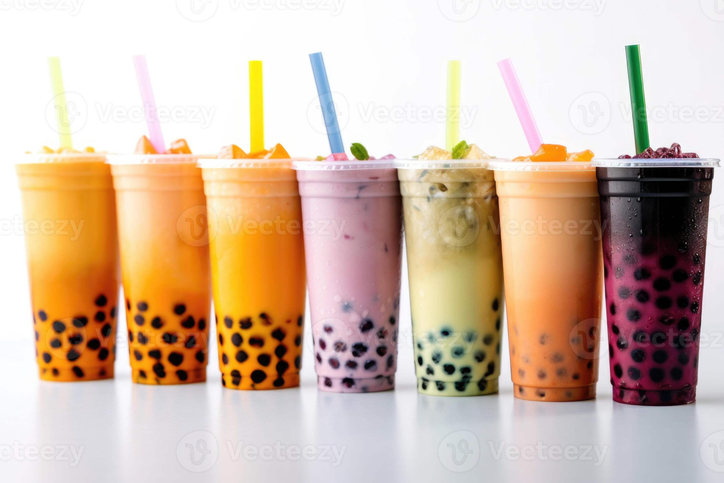 Plastic cups of different tasty bubble tea created with Generative Al ...