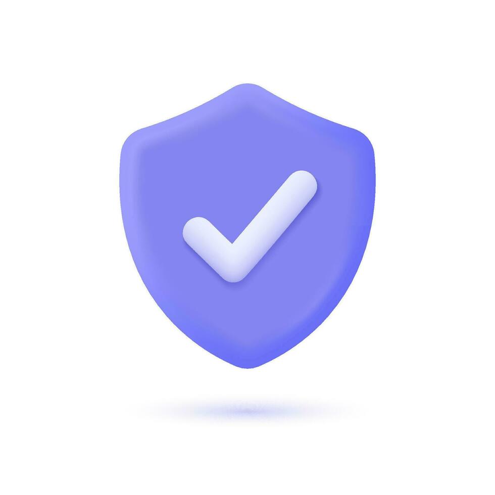 3d shield and check mark icon in minimalistic cartoon style. safety and security concept. vector ...