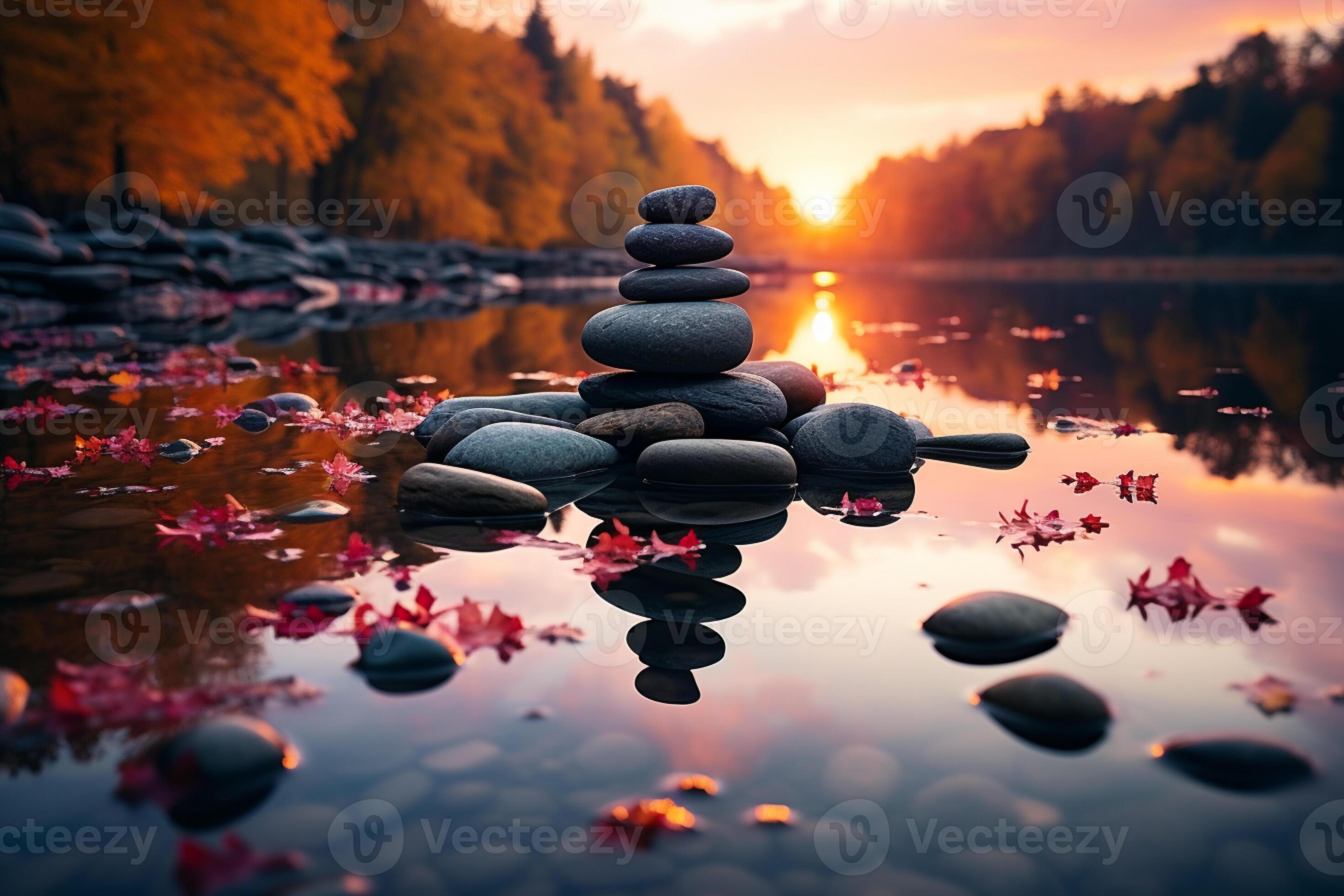 Calming waters cradling Zen stones amidst a breathtaking sunset 26175626 Stock Photo at Vecteezy