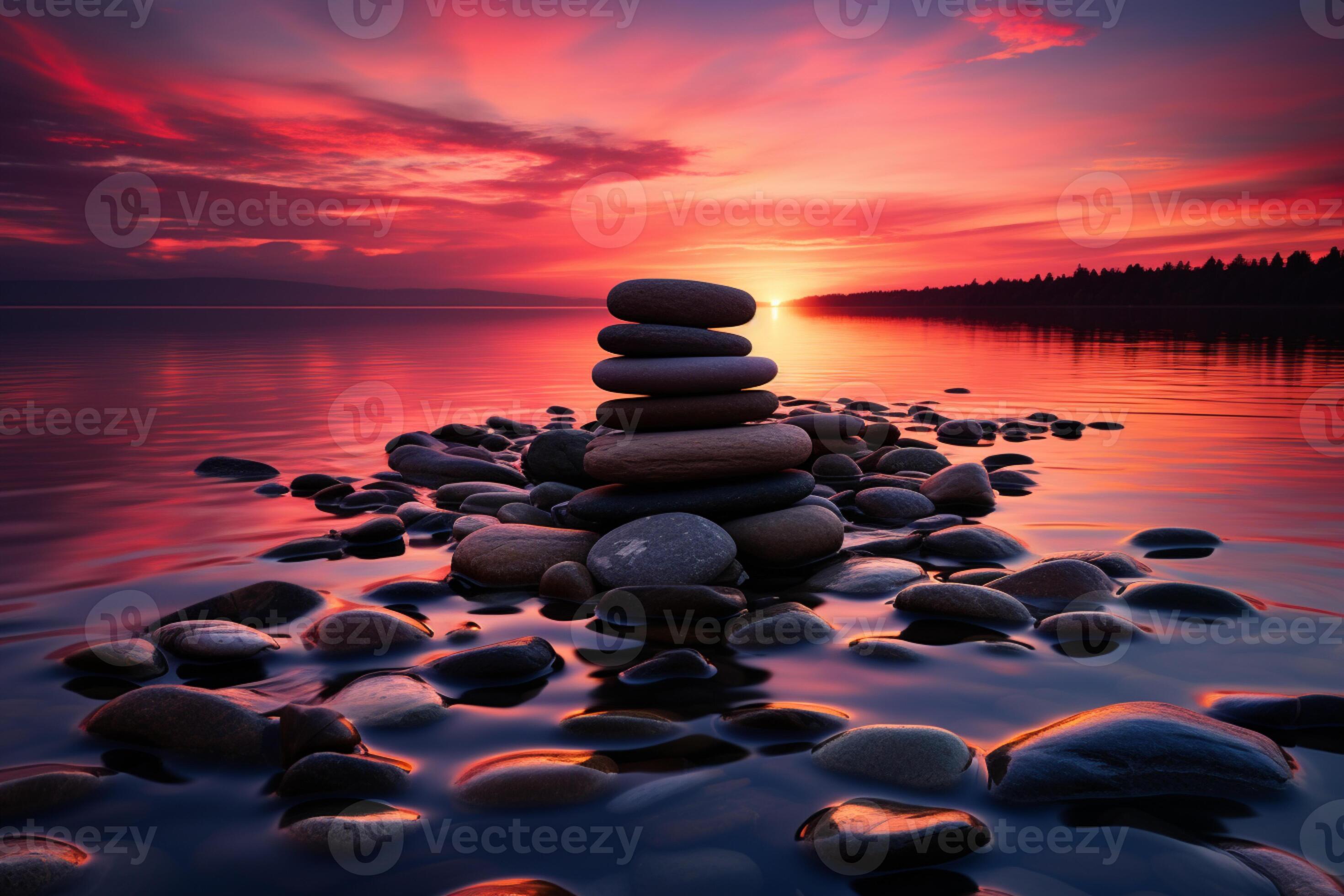 Calming waters cradling Zen stones amidst a breathtaking sunset ...