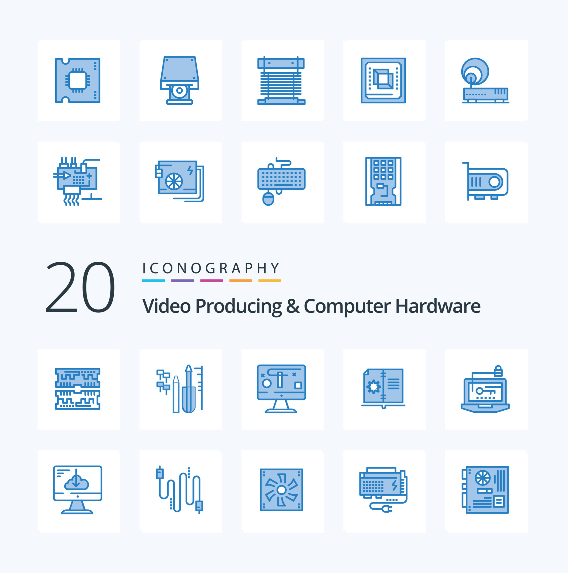 20 Video Producing And Computer Hardware Blue Color Icon Pack Like Computer Instruction Computer