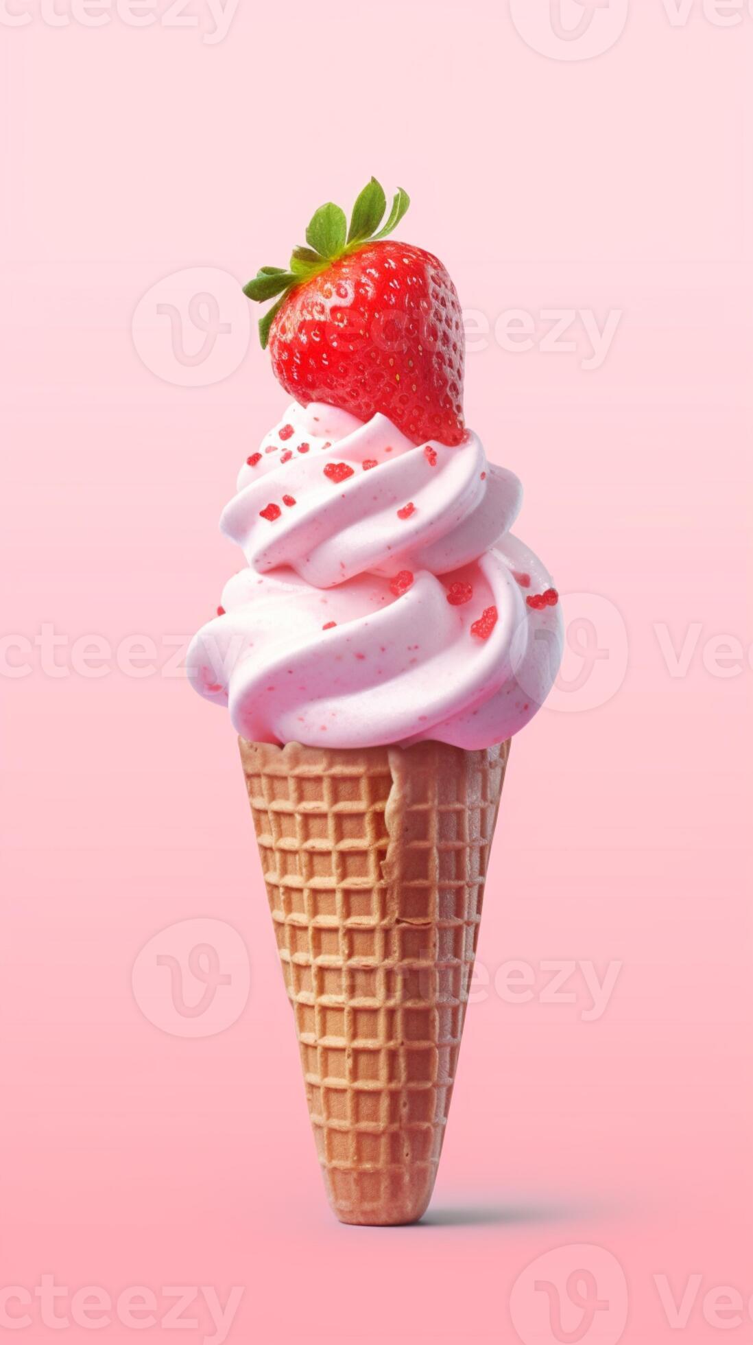 Ice Cream Cone Waffle With Strawberry Topping Background Ai Generated