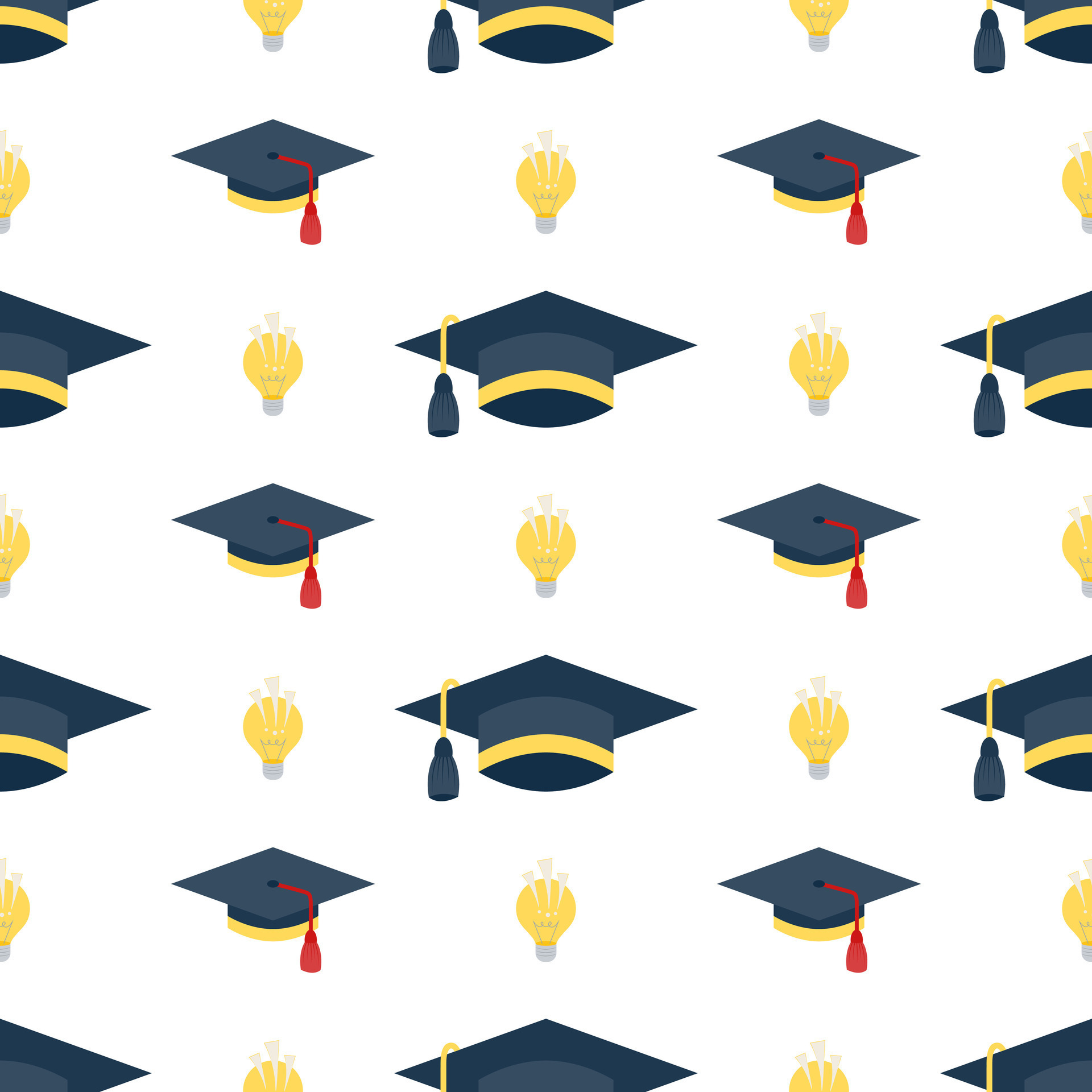 A simple, seamless pattern of academic caps and light bulbs as a eureka ...