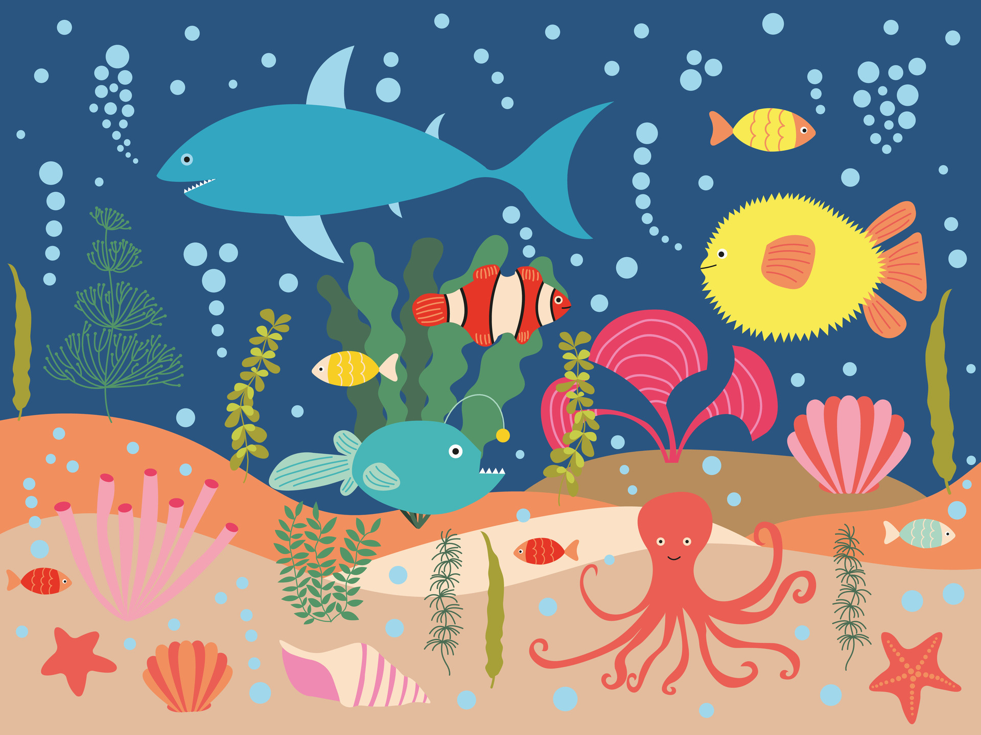 Vector underwater ocean landscape with corals, seaweeds, shells and ...