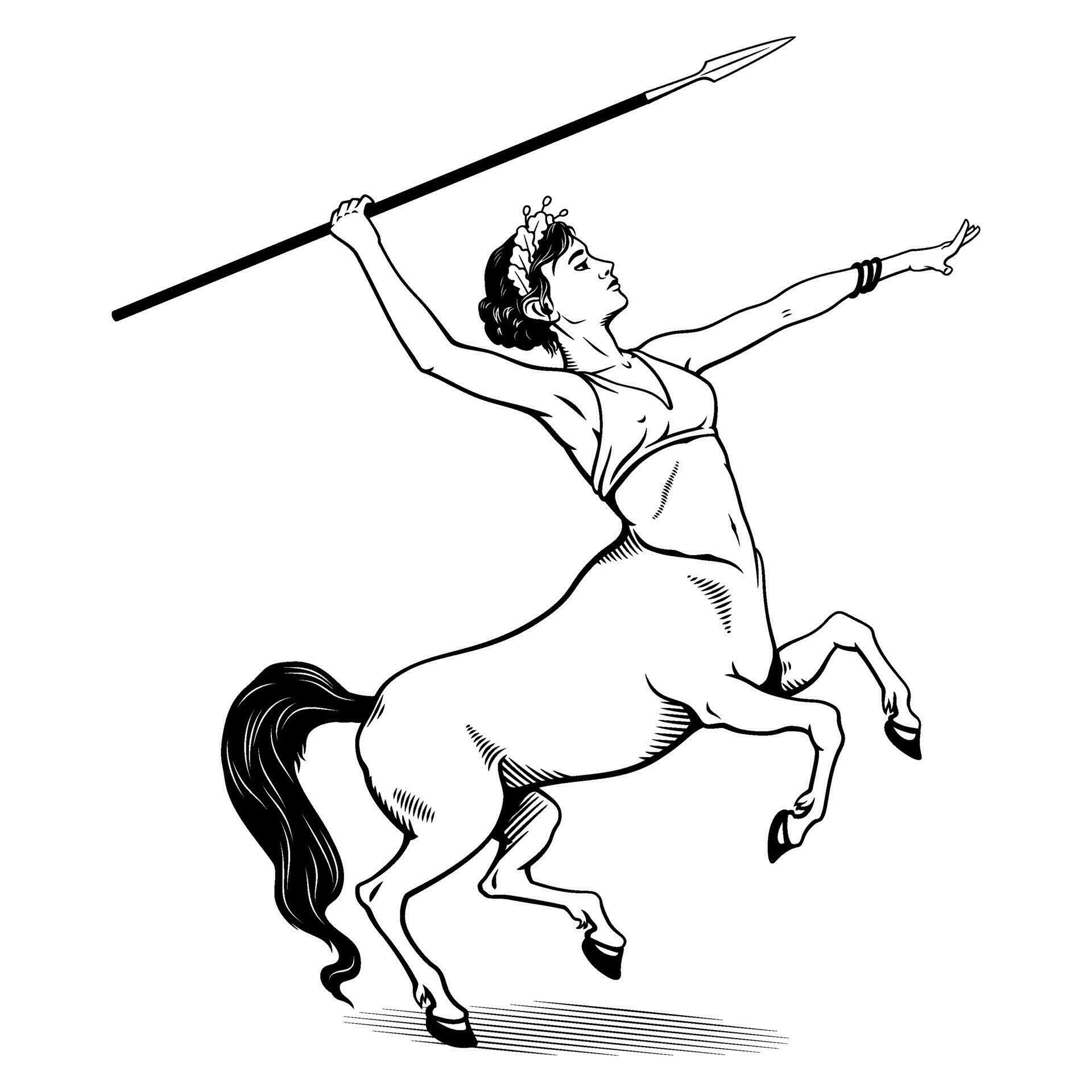 Centaur Girl With Spear Vector Ink Style Outline Drawing Shadow Is The Separate Object