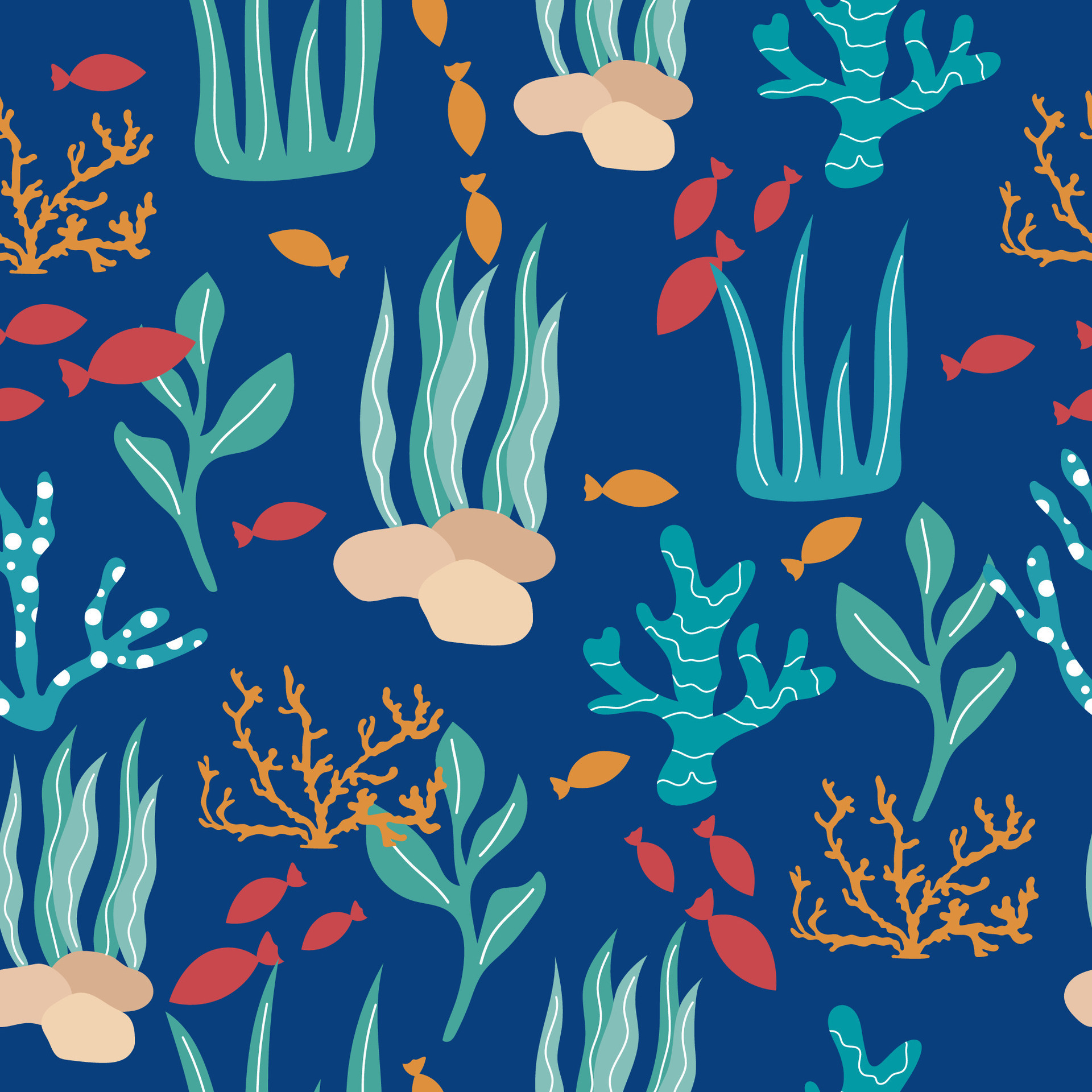 Handdrawn seamless pattern on a blue background with marine plants ...