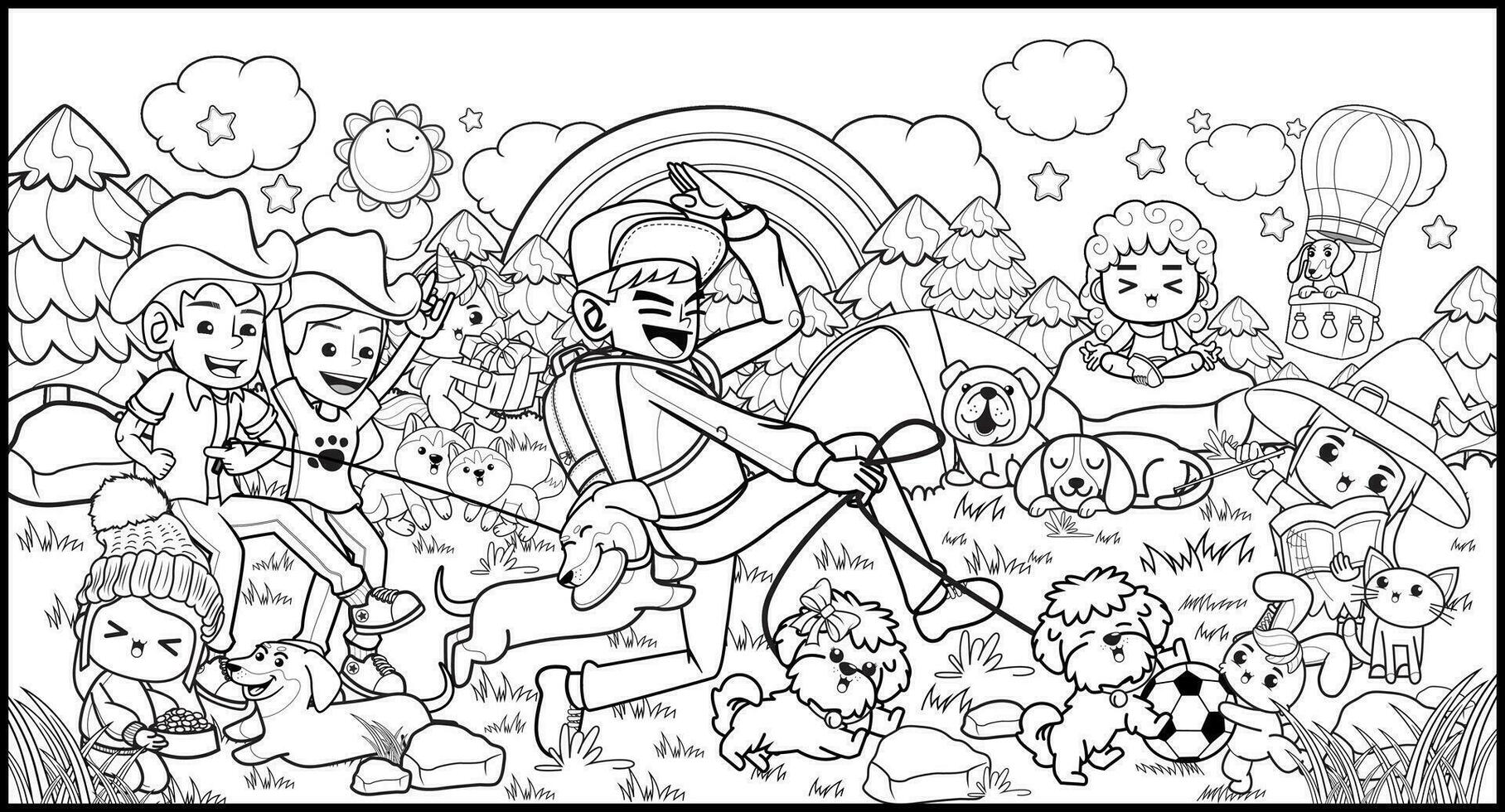 Coloring page in the park with cute puppies 26231474 Vector Art at Vecteezy