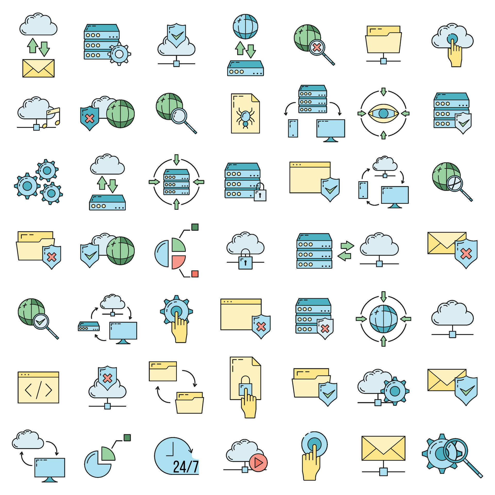 Set Of Online Database Cloud Computer Technology Icon Remote Data Storage Protect Information