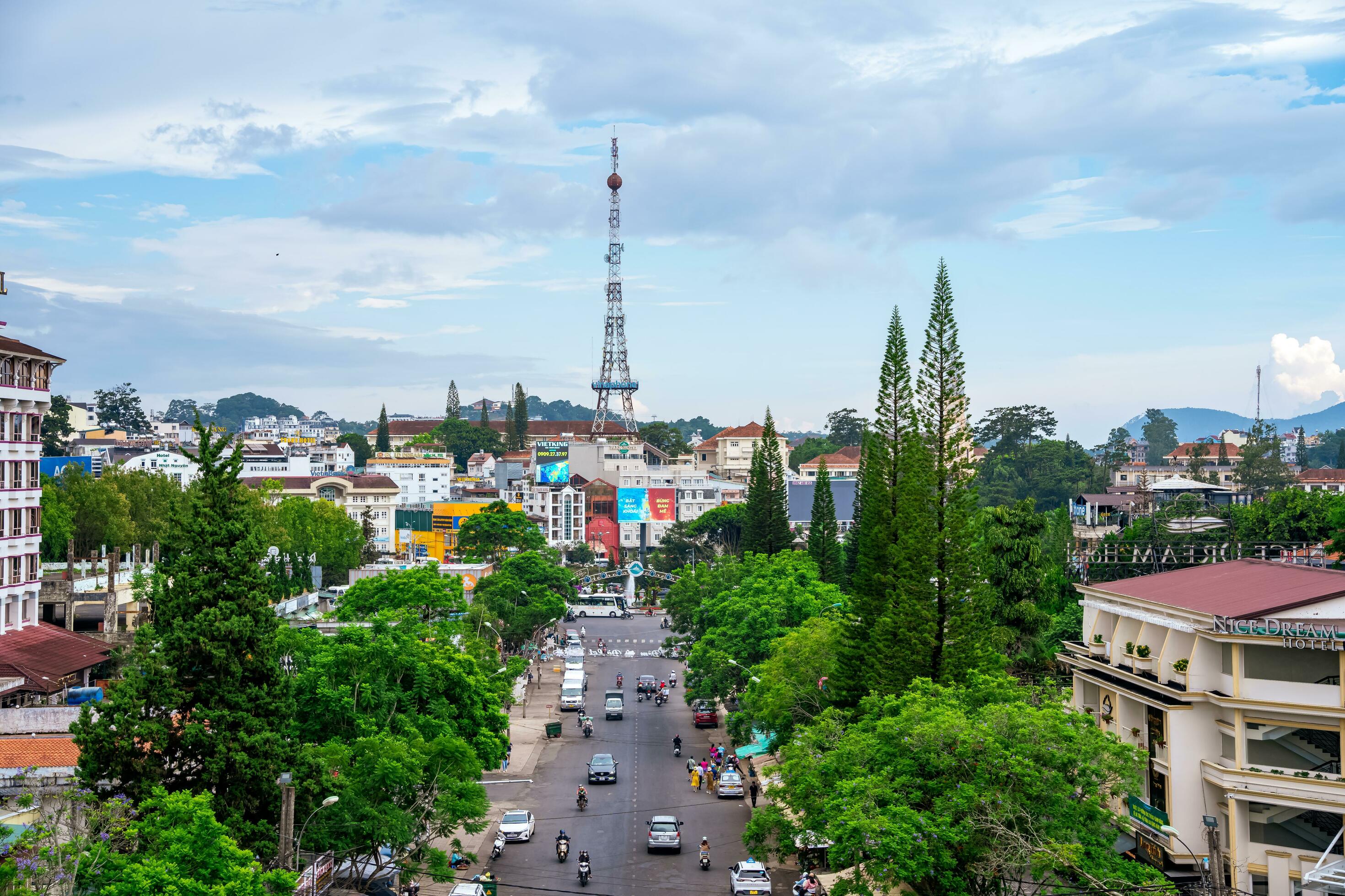 Da Lat, Viet Nam - 3 June 2023 View from Da Lat Market in the morning, Traffic Center Landmark ...