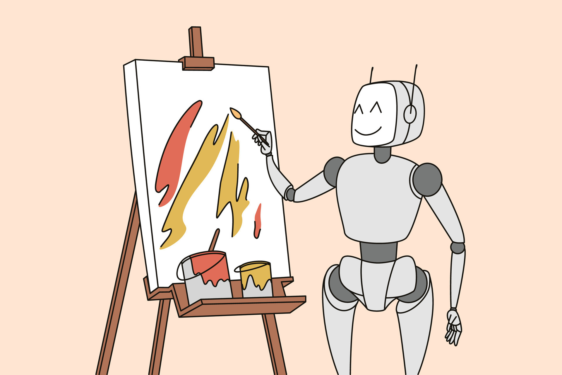 Robot painting on whiteboard. Futuristic robotic assistant writing or ...