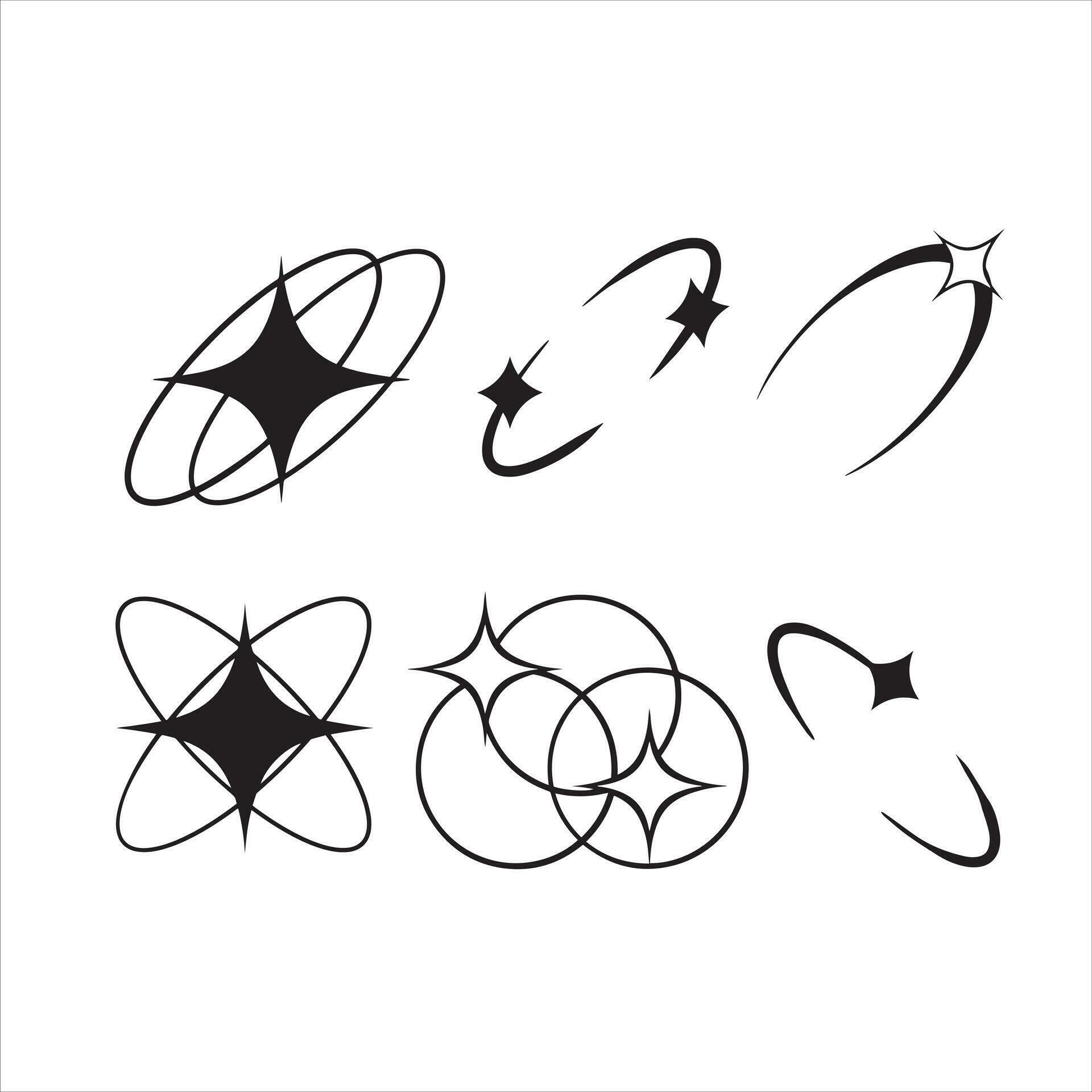 Y2K stars, starburst and retro futuristic graphic set. Collection of Trendy brutal rounded ring ...