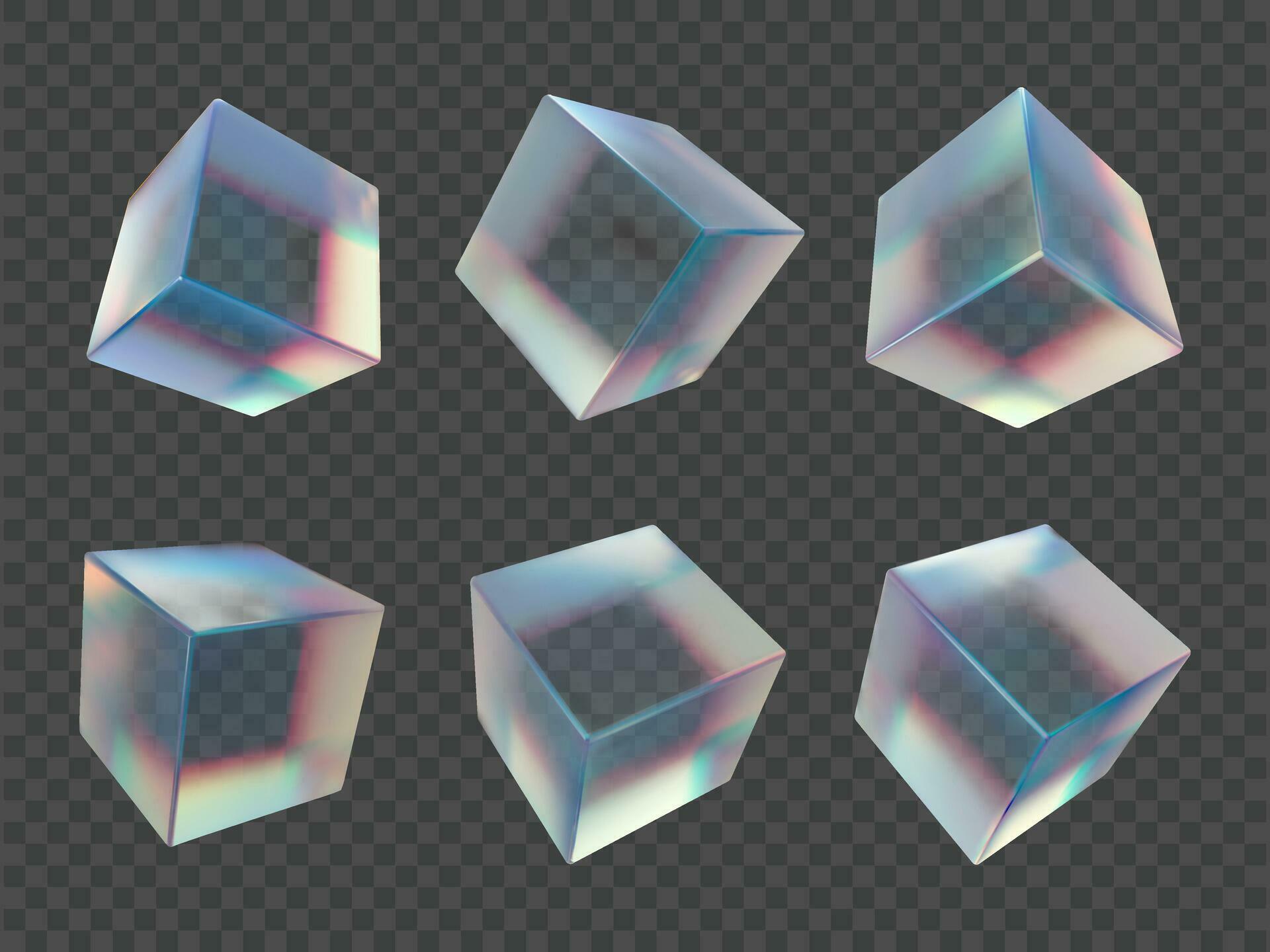 3d glass cube box with crystal dispersion vector effect. Abstract empty glassy square with prism ...