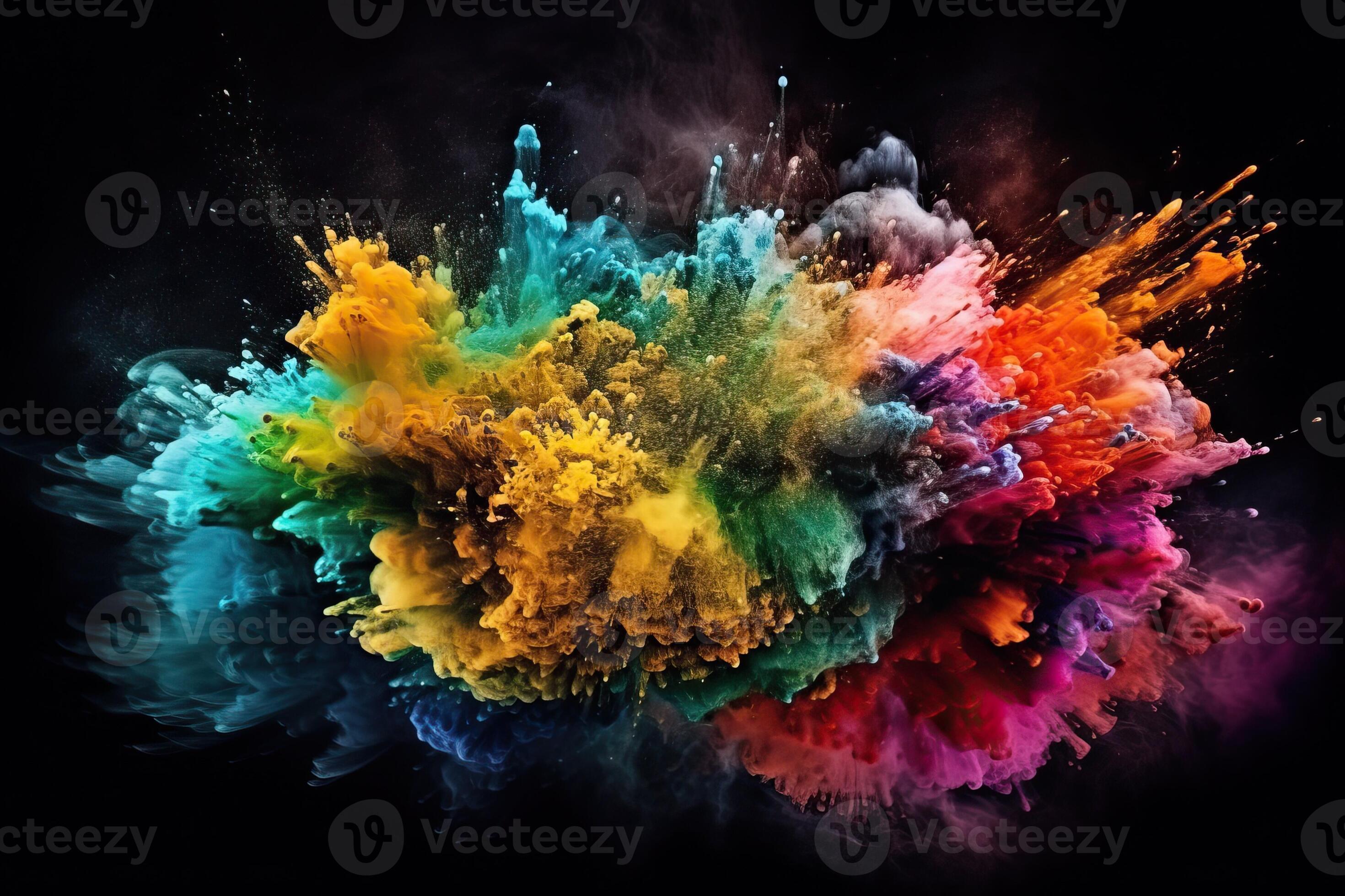 Generative AI illustration of explosions of colors on black background, many colors, dynamic ...