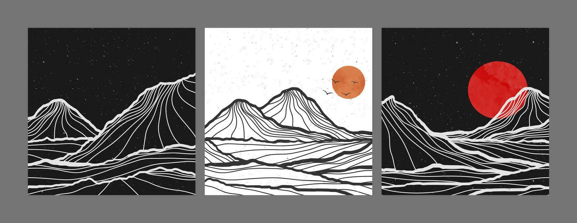 Set of Mountain landscape illustration. Hand drawn style of creative minimalist modern line art ...