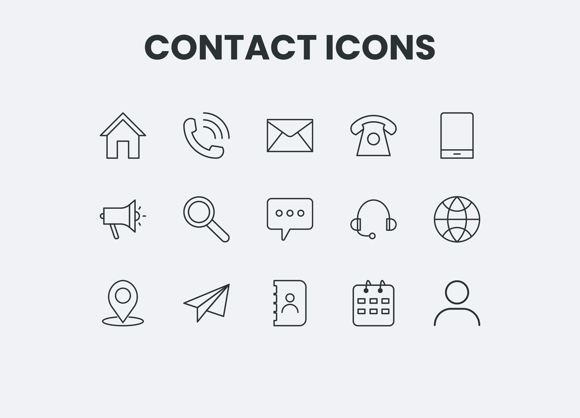 15 Contact icons set. Includes home, call, mail, message, location ...