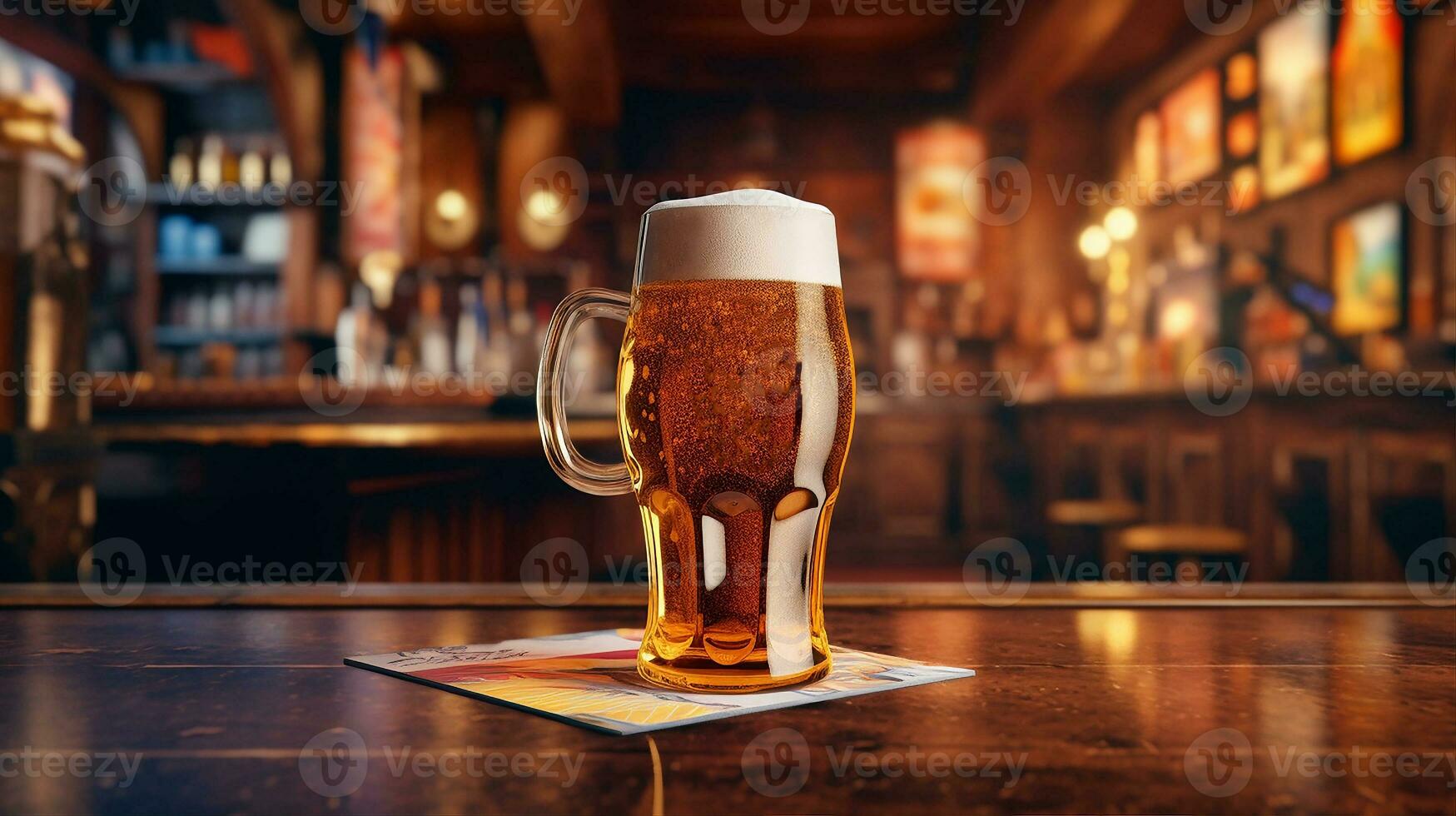 glass of beer on table in bar or pub background, copy space for print ...