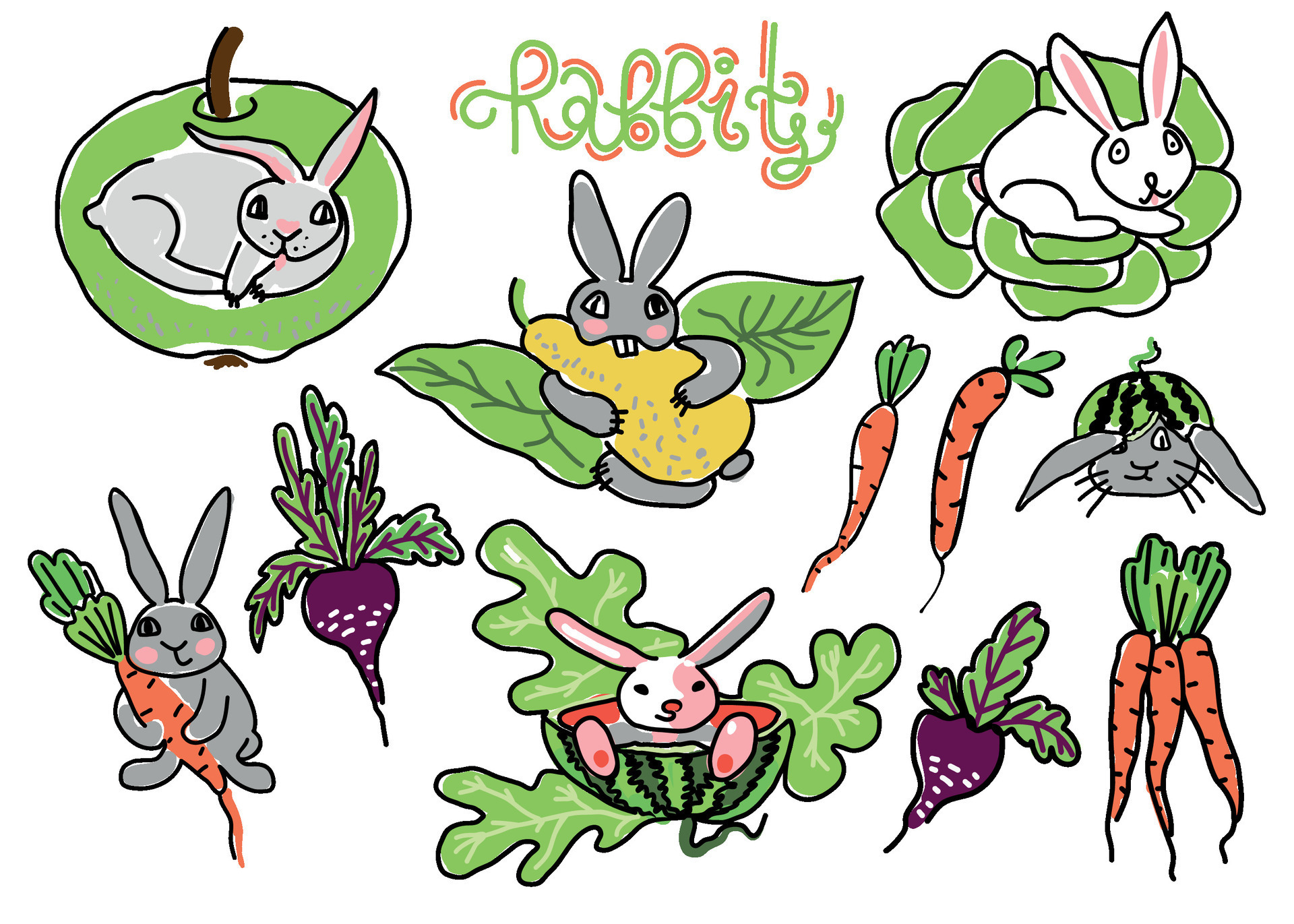 Set of rabbits with fruits and vegetables. Vector illustration drawn ...