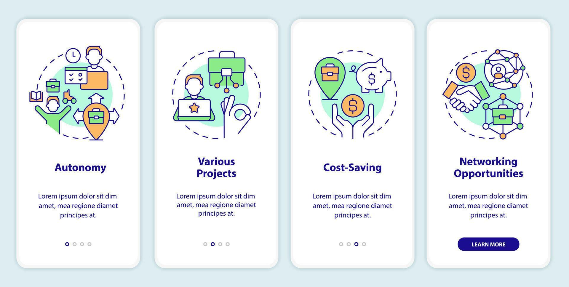 Being digital nomad pros onboarding mobile app screen. Online business ...