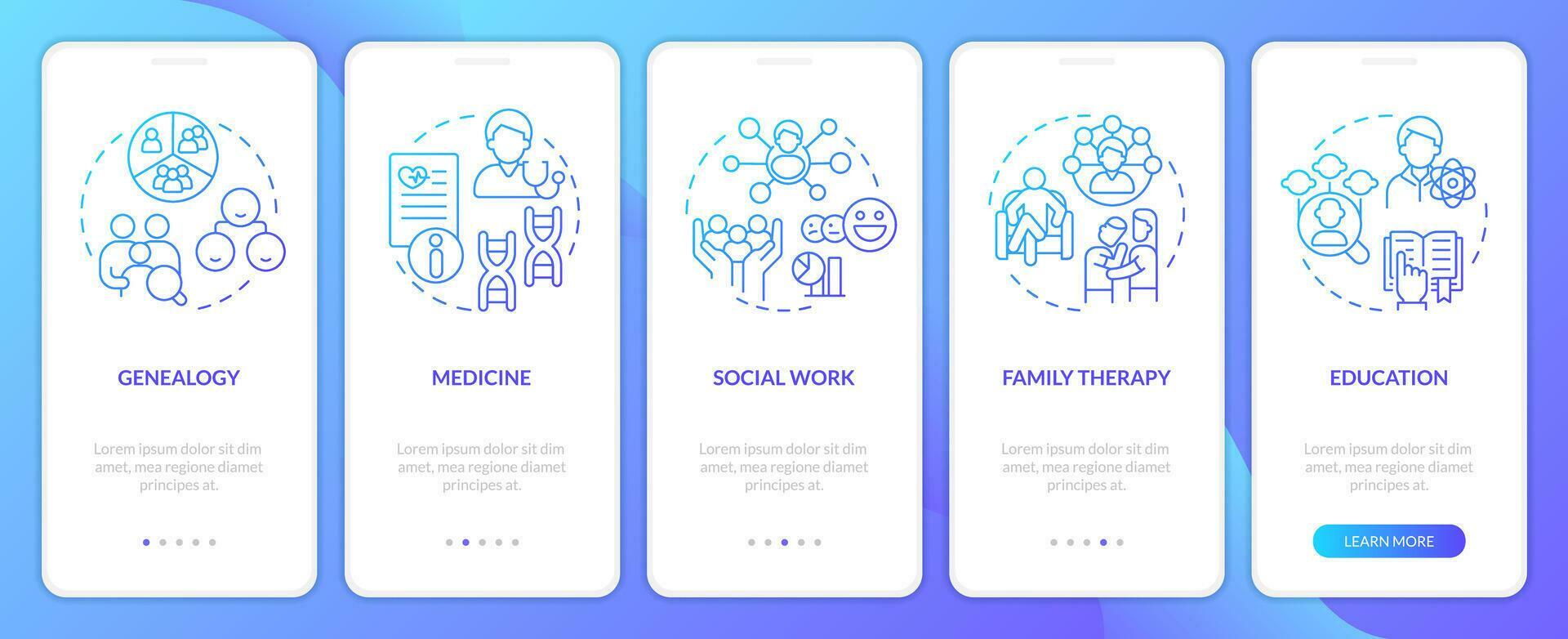 Genograms Usage Blue Gradient Onboarding Mobile App Screen Relationships Walkthrough 5 Steps