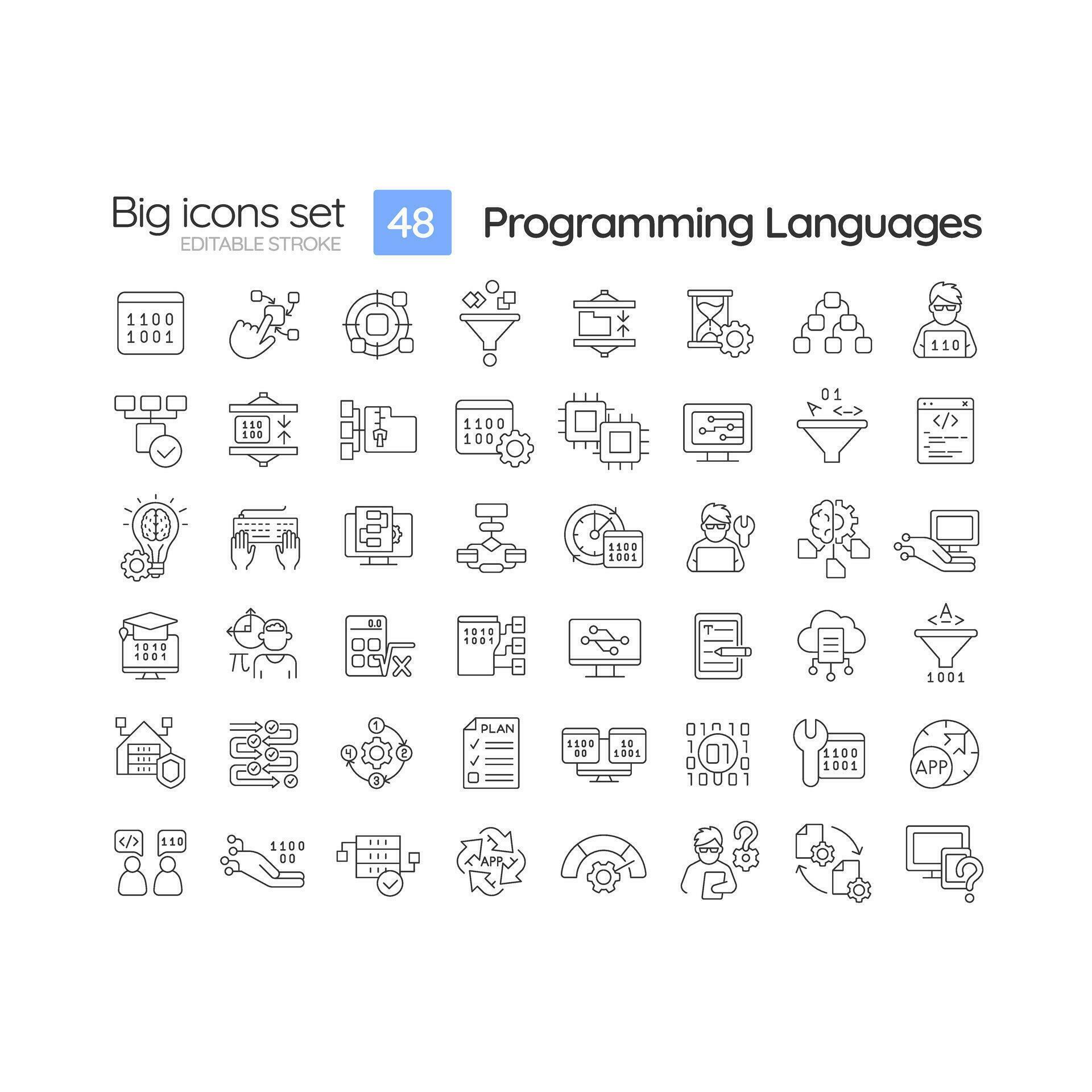 Programming languages linear icons set. Software development. Machine ...