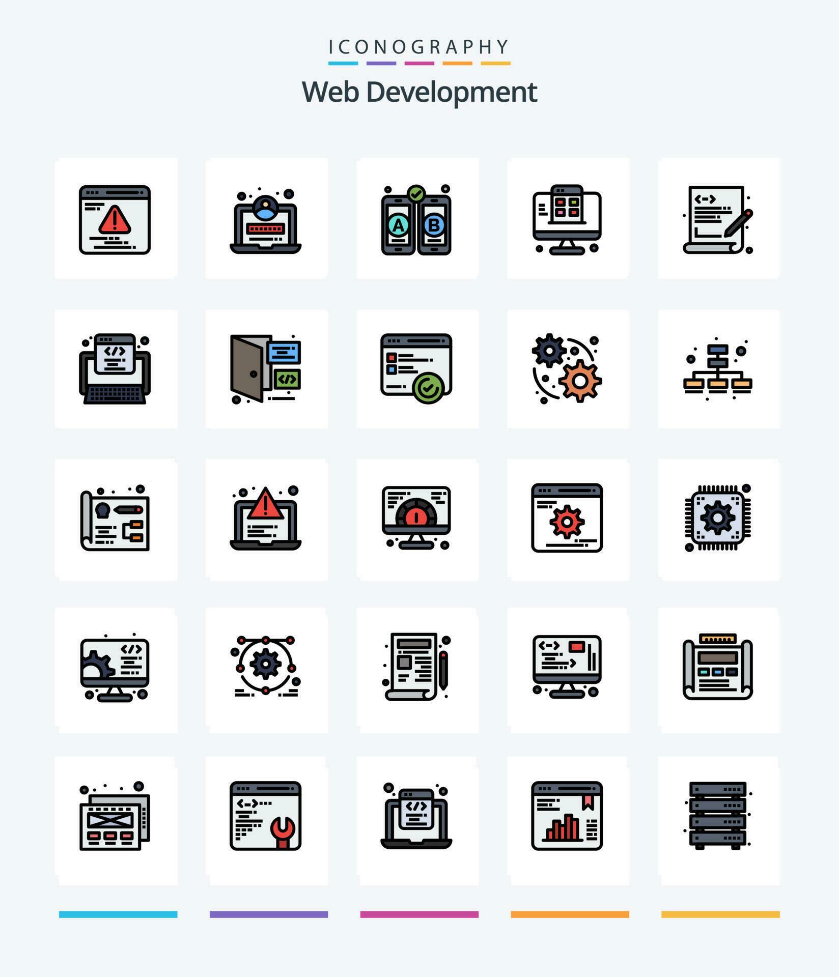 Creative Web Development 25 Line FIlled icon pack Such As code. programming. mobile. language ...