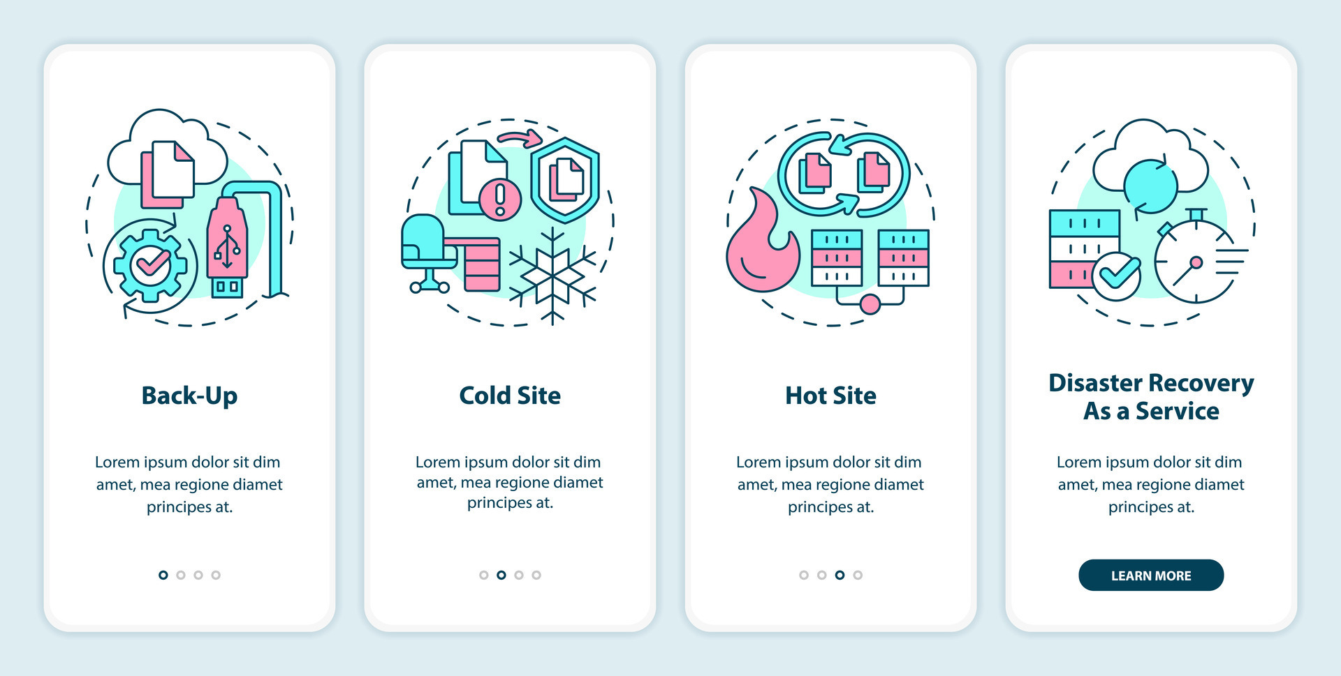 Types Of Disaster Recovery Onboarding Mobile App Screen Walkthrough 4 Steps Editable Graphic