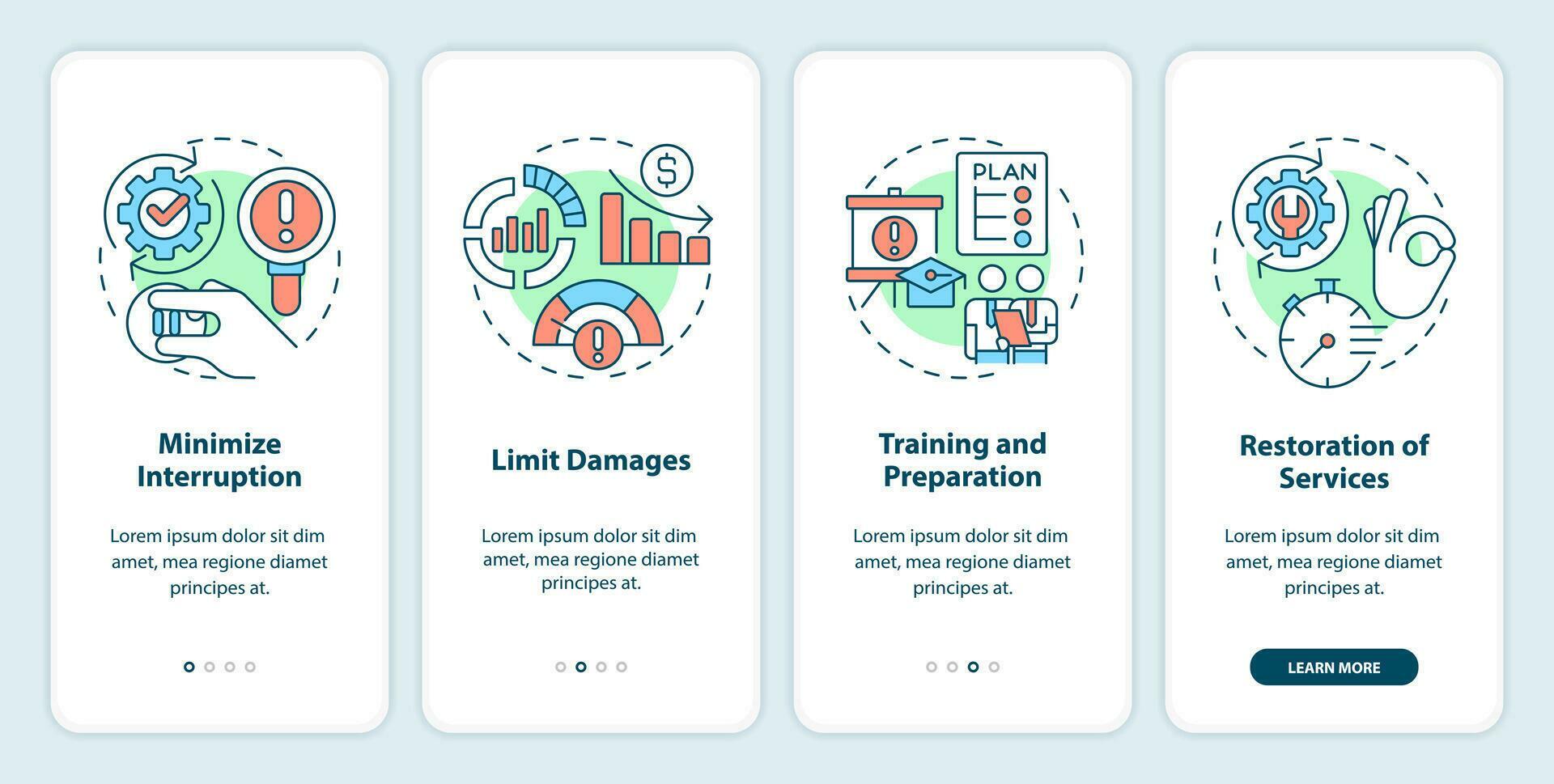 Disaster recovery plan benefits onboarding mobile app screen. Walkthrough 4 steps editable ...