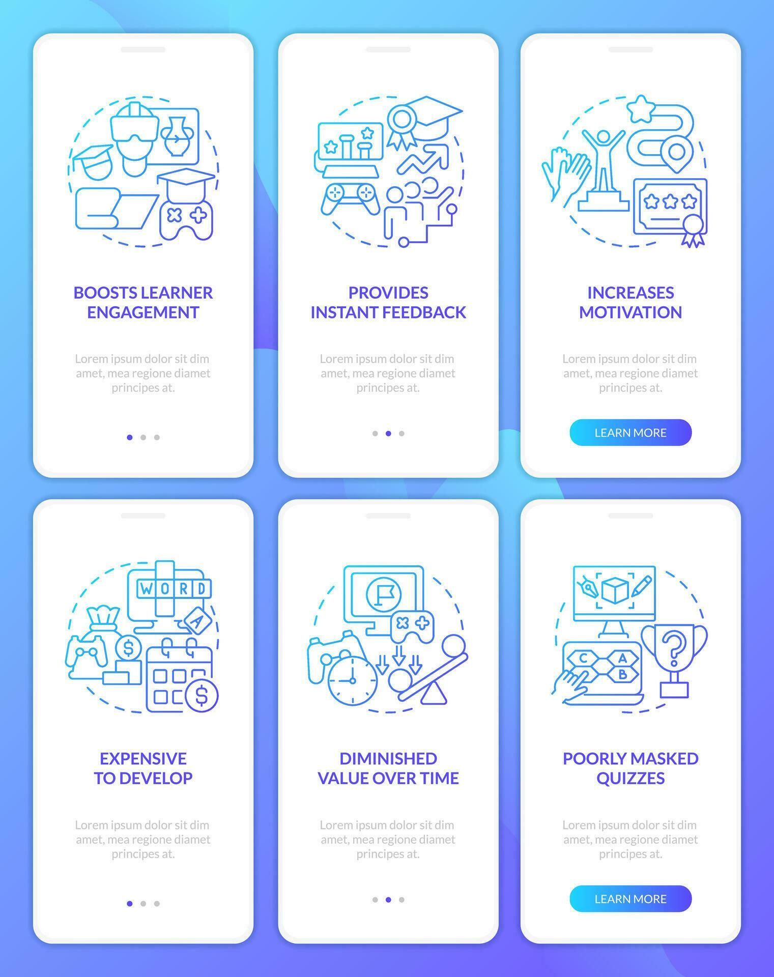 Gamification Pros And Cons Blue Gradient Onboarding Mobile App Screens Set Walkthrough 3 Steps
