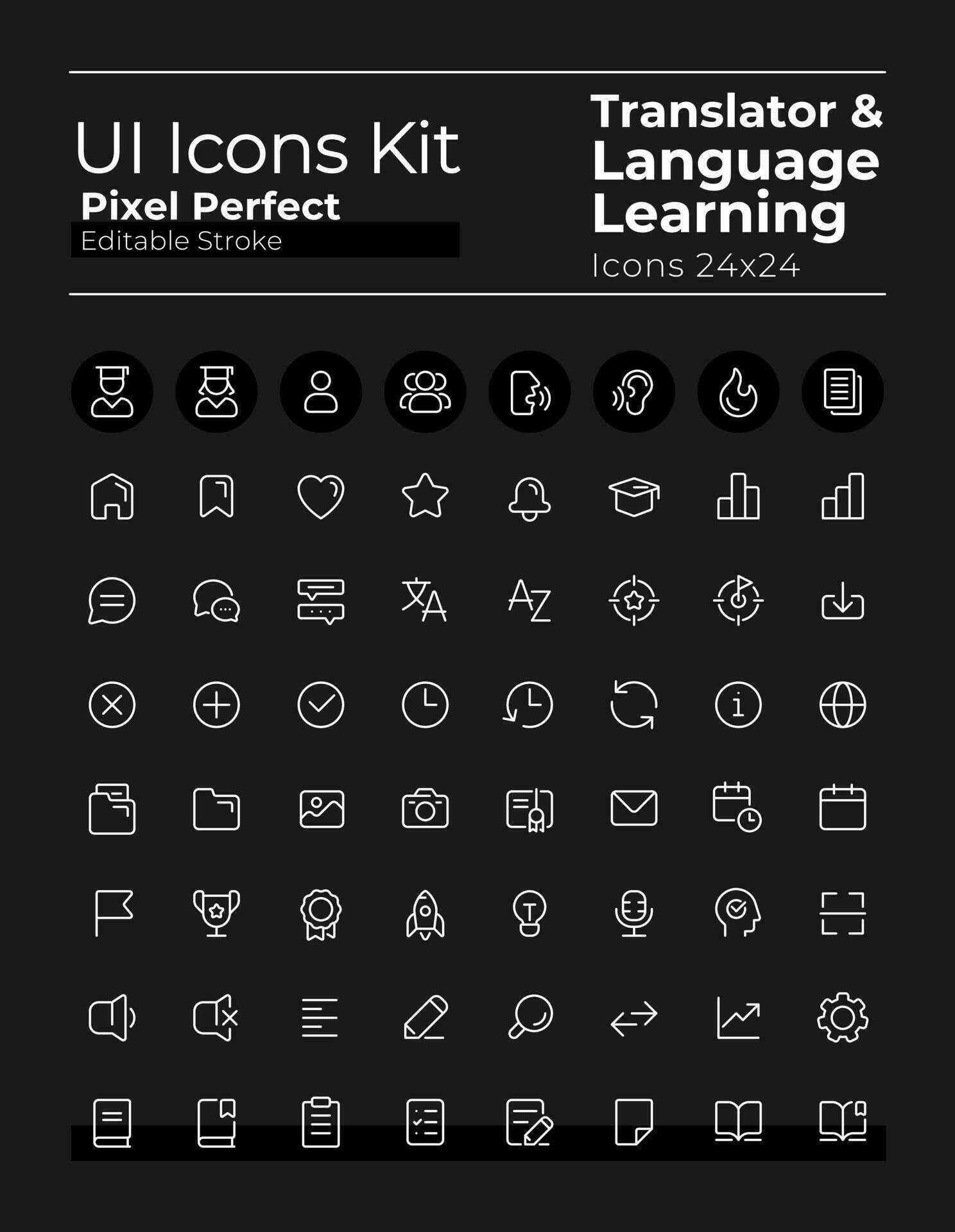 Language Learning Pixel Perfect White Linear Ui Icons Set For Dark Theme Isolated User