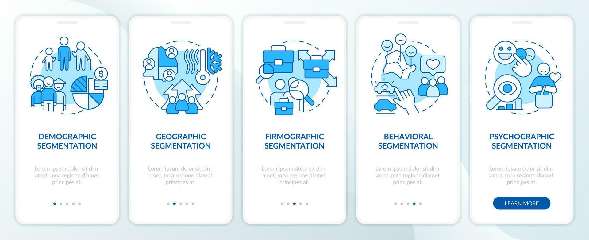 Type Of Market Segmentation Blue Onboarding Mobile App Screen Walkthrough 5 Steps Editable