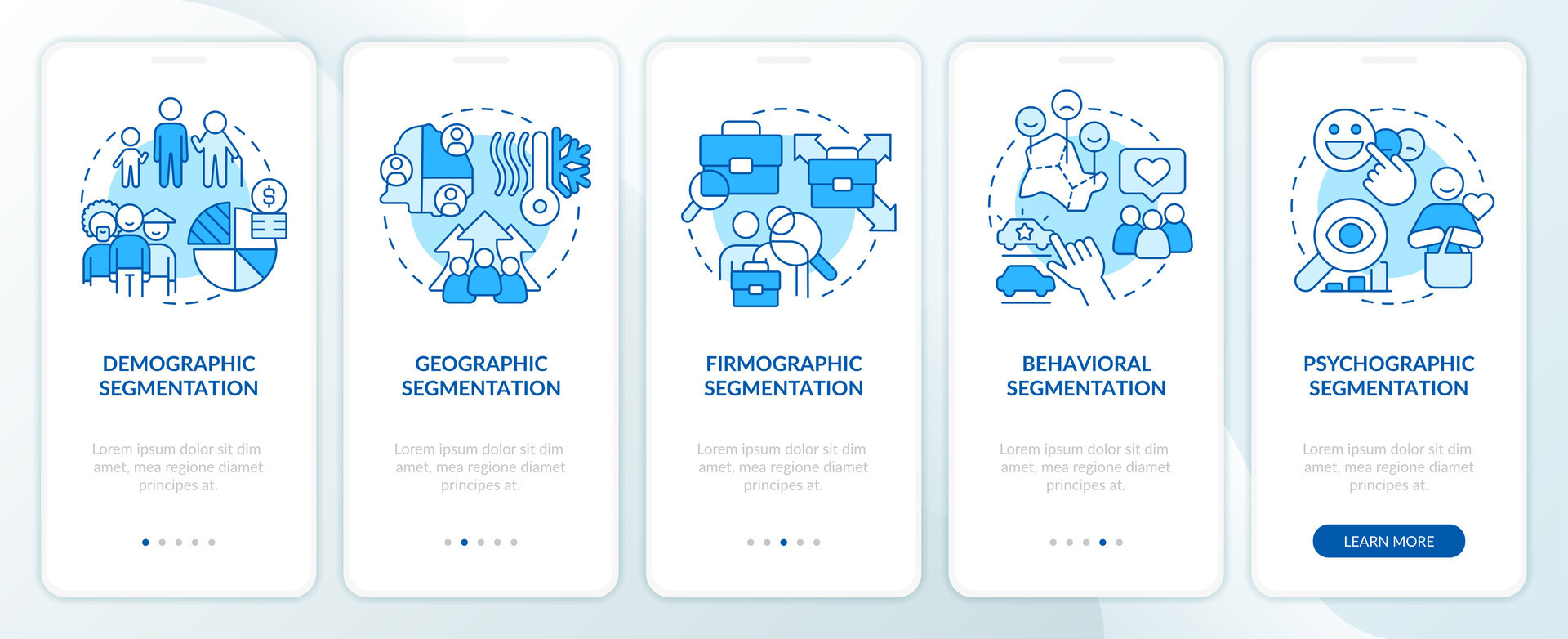 Type Of Market Segmentation Blue Onboarding Mobile App Screen Walkthrough 5 Steps Editable
