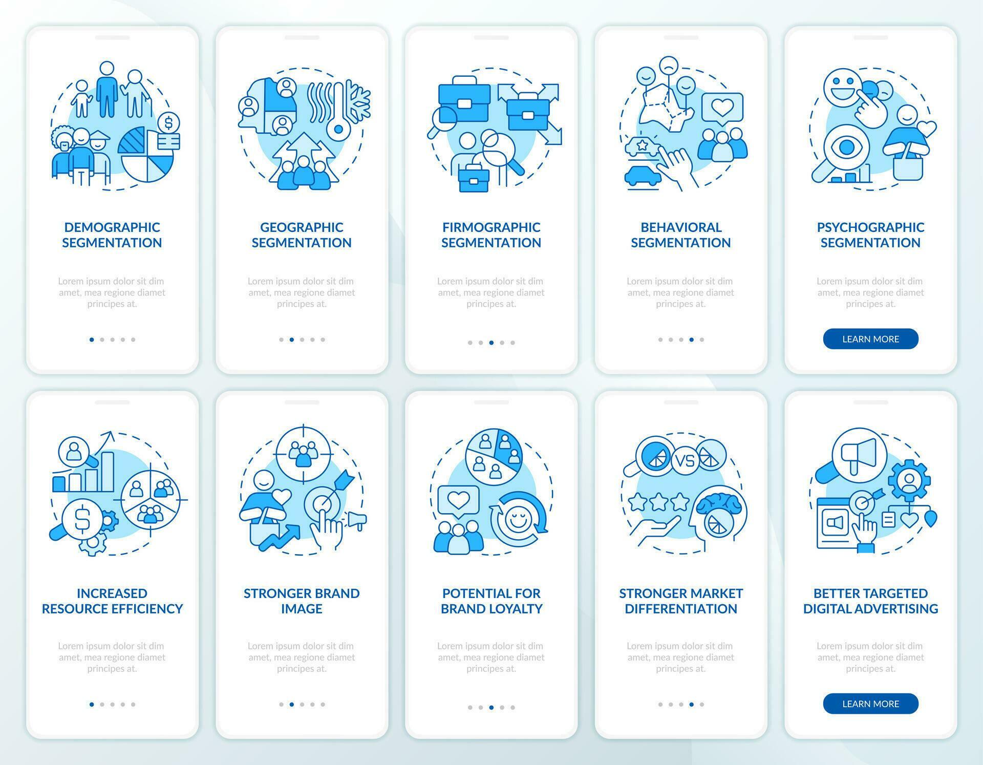 Market Segmentation Blue Onboarding Mobile App Screen Set Walkthrough 5 Steps Editable Graphic