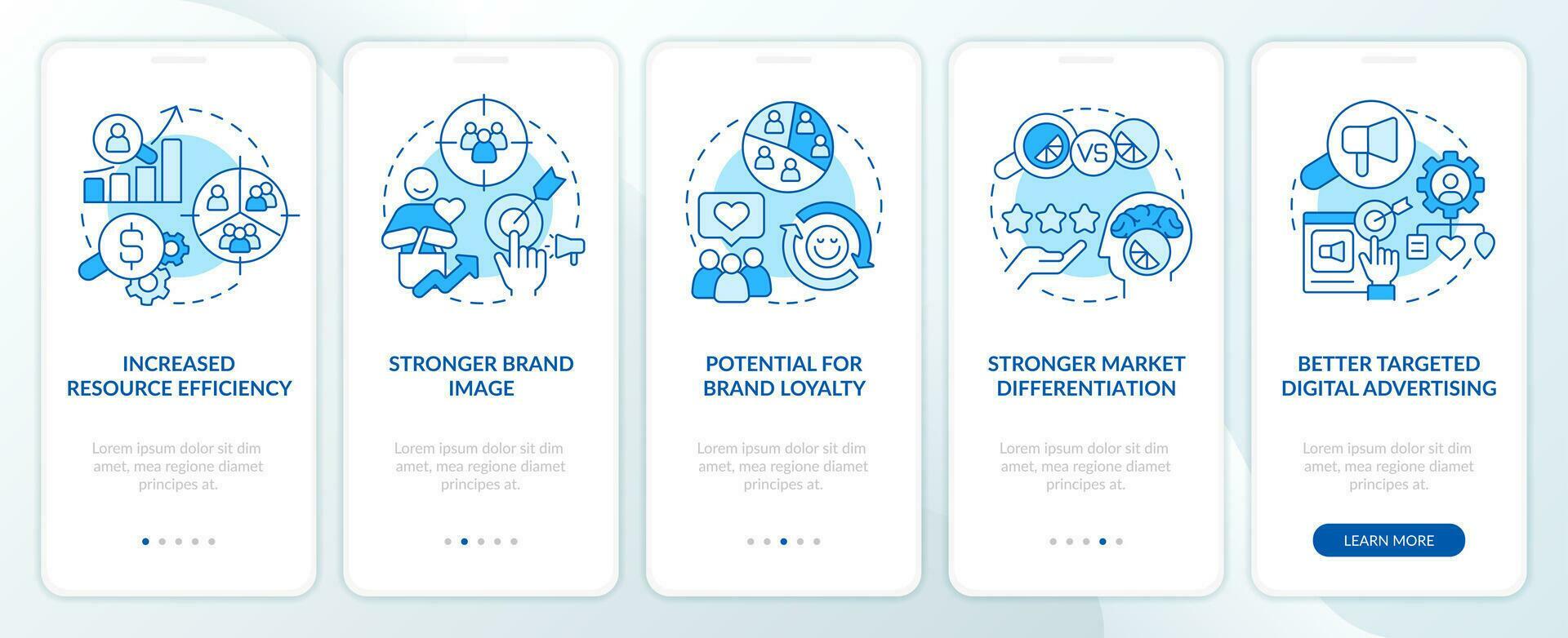 Benefits Of Market Segmentation Blue Onboarding Mobile App Screen Walkthrough 5 Steps Editable